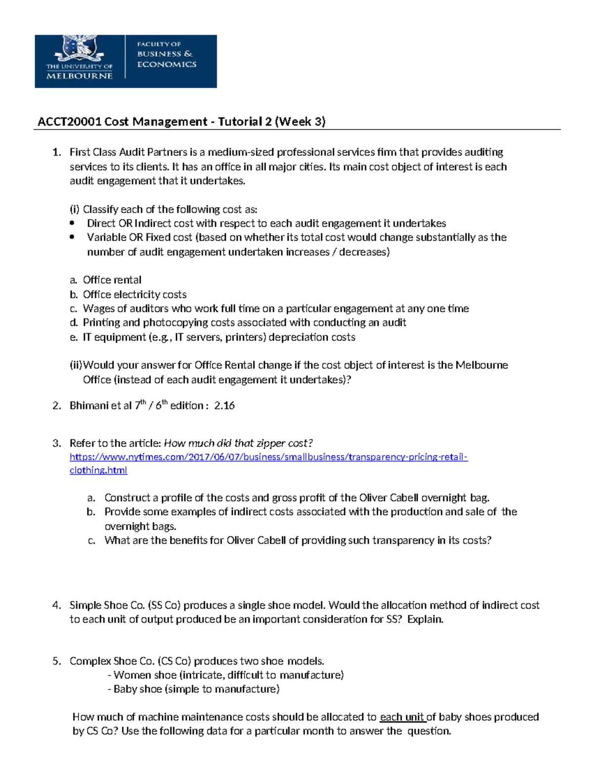 Tutorial 2 Requirements - ACCT20001 Cost Management - Tutorial 2 (Week ...