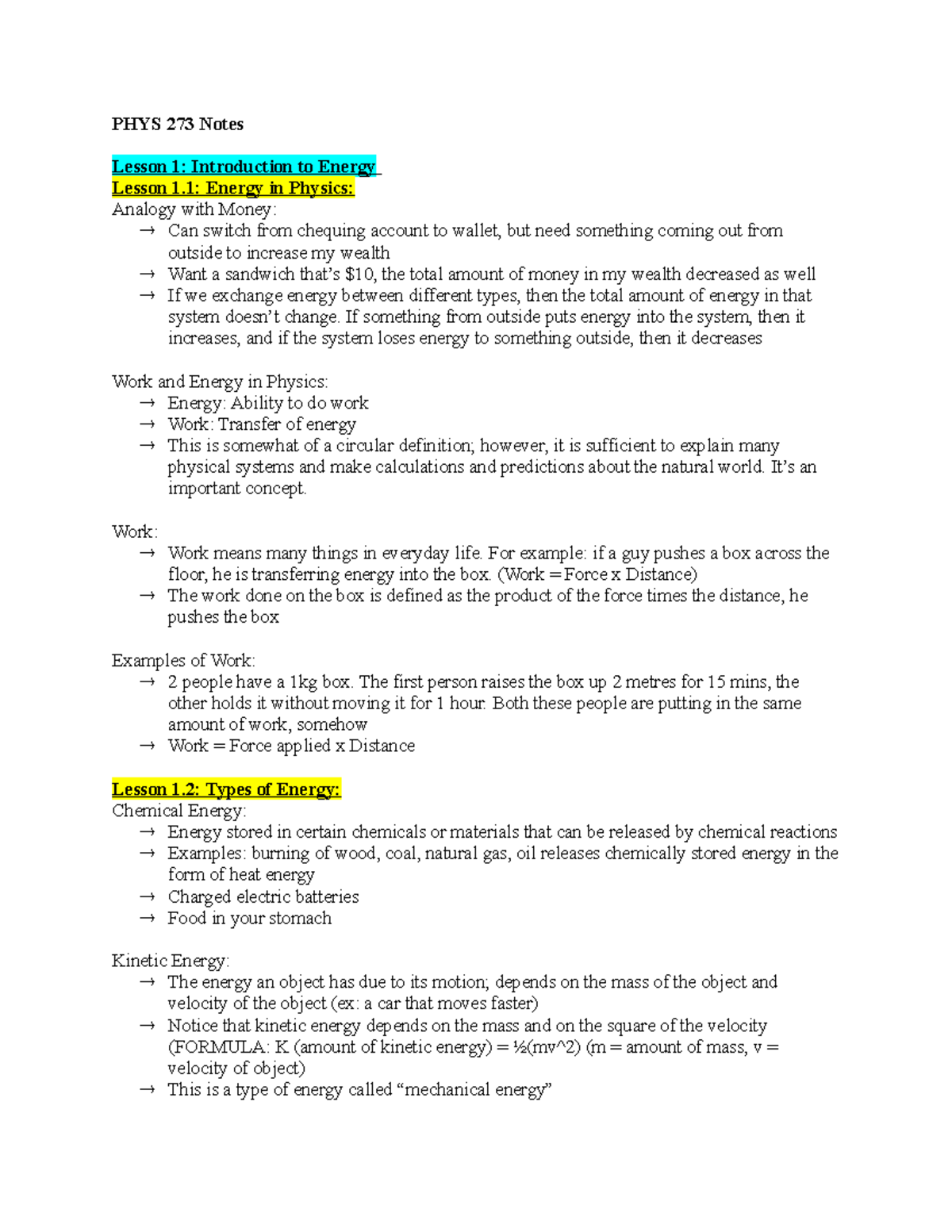 PHYS 273 Notes - PHYS 273 Notes Lesson 1: Introduction to Energy Lesson ...