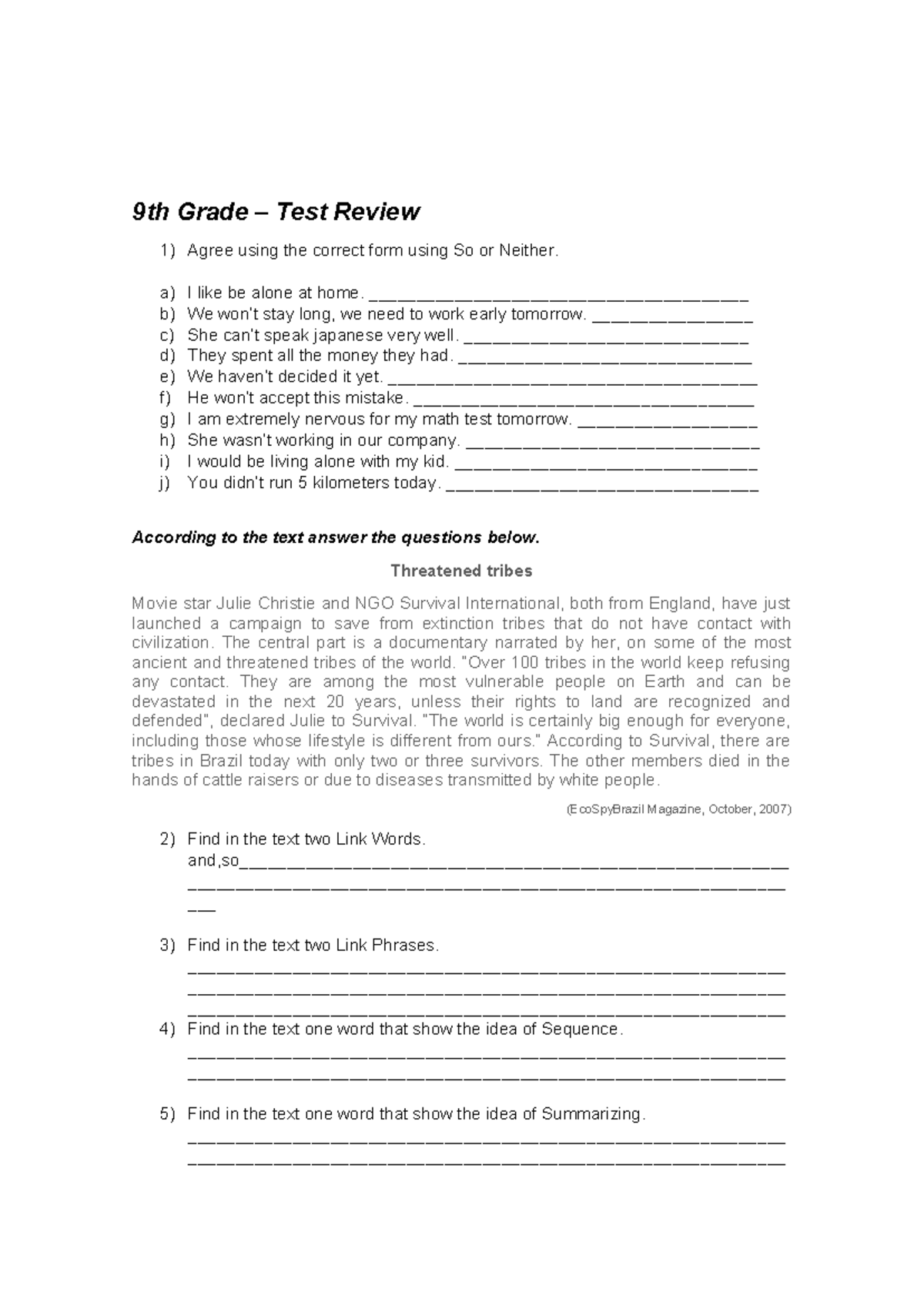 9th Grade - TEST Review - 9th Grade – Test Review 1) Agree using the ...