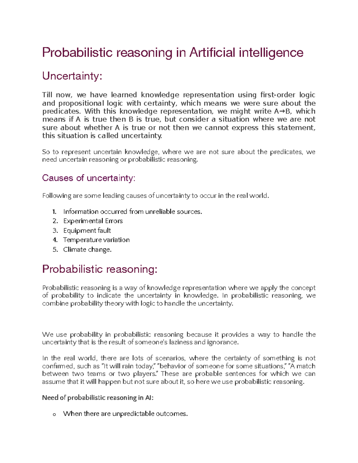 Probabilistic reasoning in Artificial intelligence - Probabilistic reasoning in Artificial - Studocu