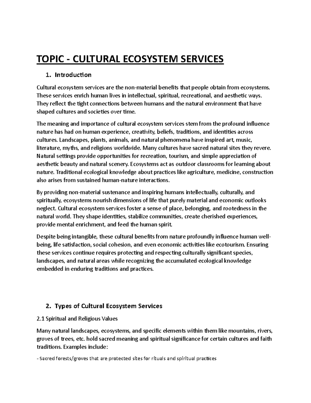 Cultural ecosystem services - TOPIC - CULTURAL ECOSYSTEM SERVICES 1 ...