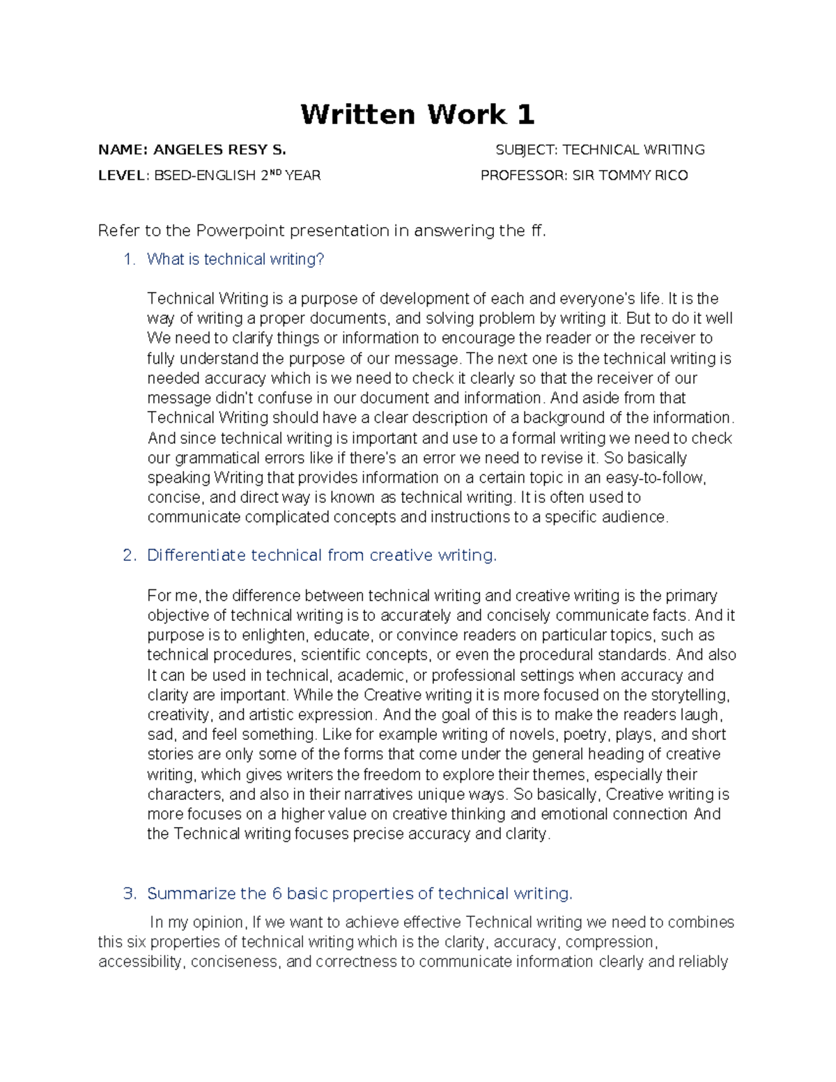 Written Work 12 - Written Work 1 NAME: ANGELES RESY S. SUBJECT ...