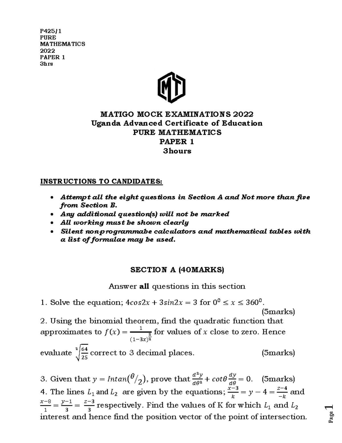 Mocks PURE Mathematics - Page 1 P425/ PURE MATHEMATICS 2022 PAPER 1 ...