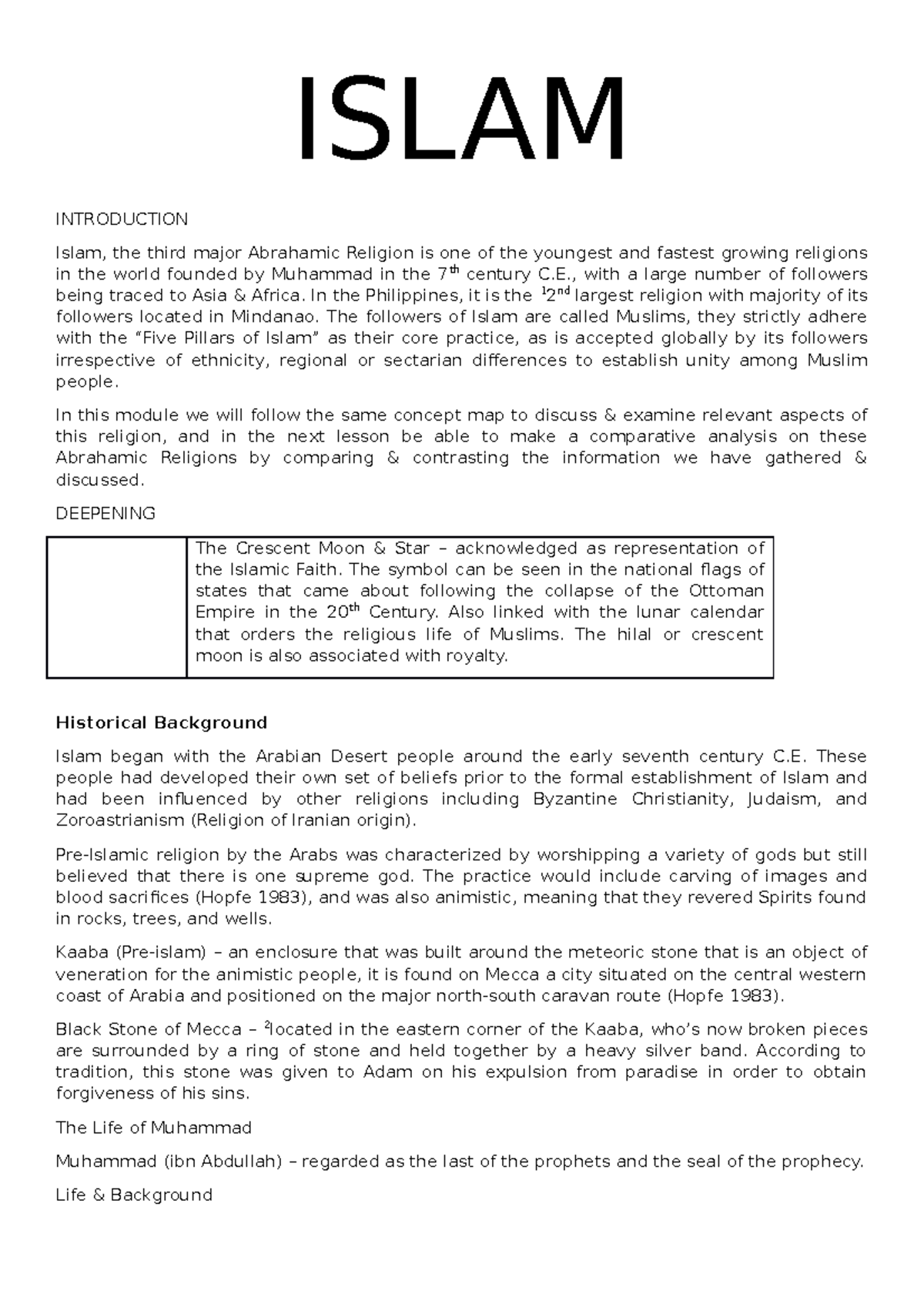 Module Islam - ISLAM INTRODUCTION Islam, the third major Abrahamic ...