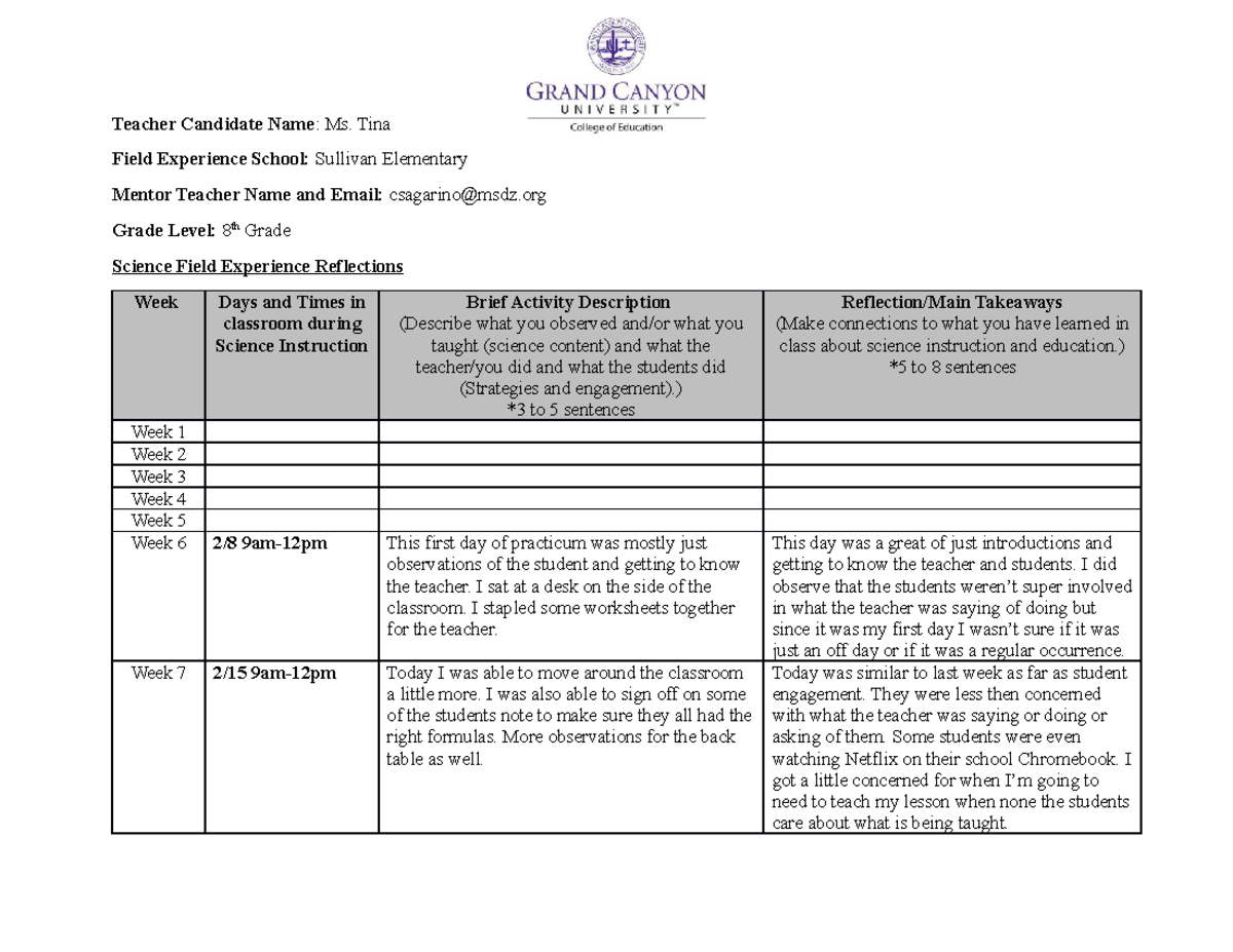 ELM-361 CFE Science Field Experience Hour Log and Reflections - Teacher ...