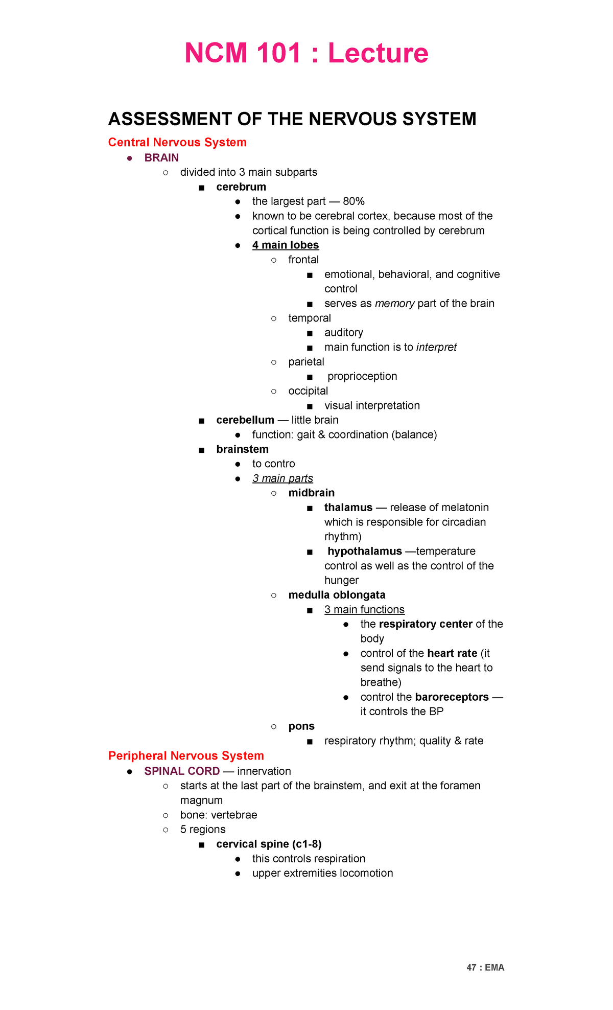 Health Assessment - ASSESSMENT OF THE NERVOUS SYSTEM Central Nervous ...