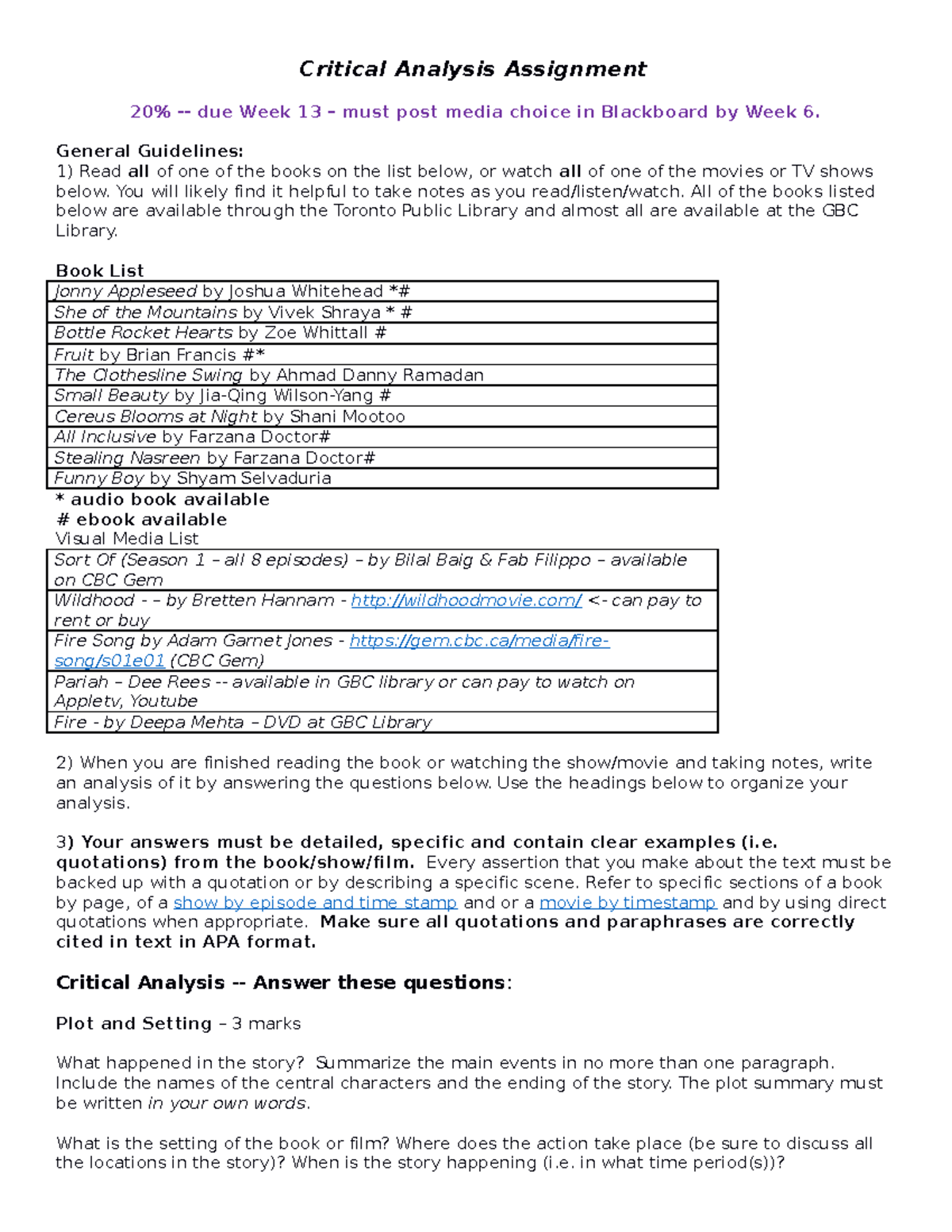 Critical Analysis Assignment 2023 - General Guidelines: Read all of one ...