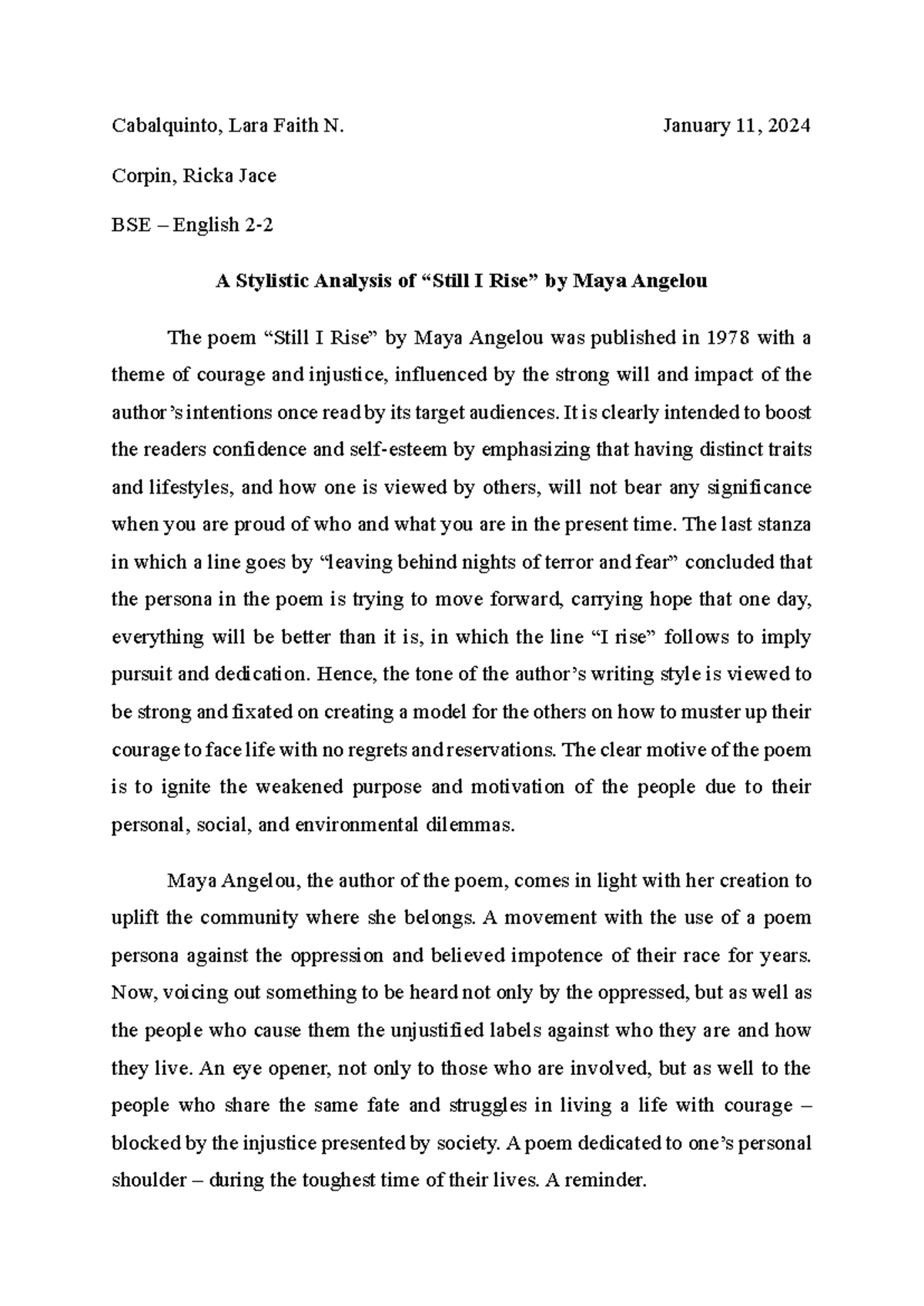 A Stylistic Analysis of “Still I Rise” by Maya Angelou - Cabalquinto ...