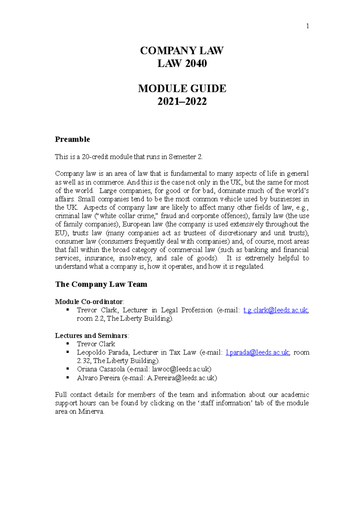 Company Law Module Guide 21-22 - New(3) - COMPANY LAW LAW 2040 MODULE ...