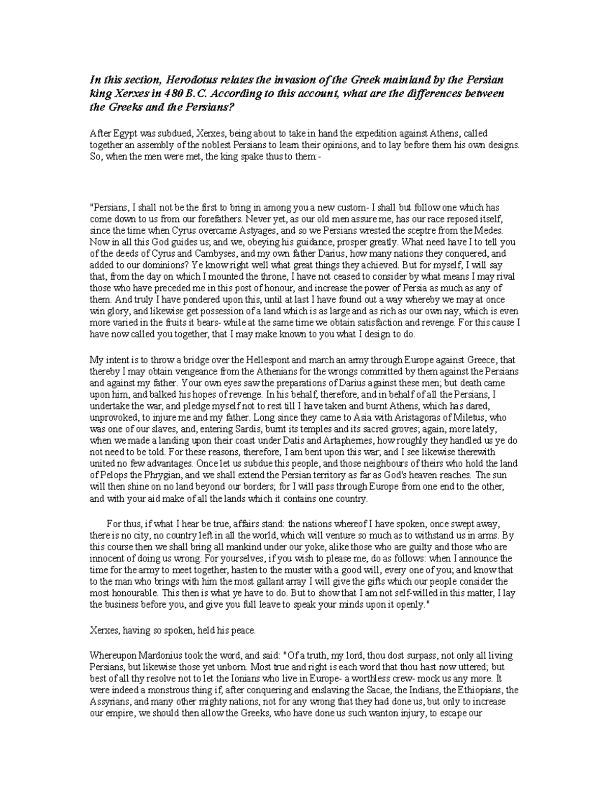 Herodotus excerpt - In this section, Herodotus relates the invasion of ...