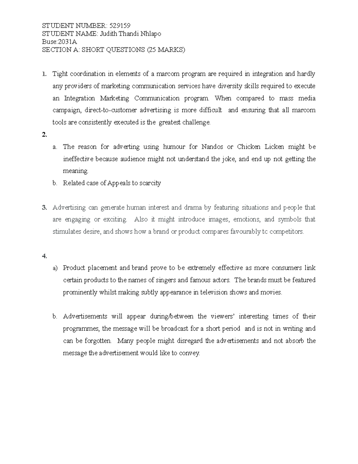 BUSE2027A-2031A November Take Home Assessment - STUDENT NAME: Judith Thandi Nhlapo Buse:2031A ...