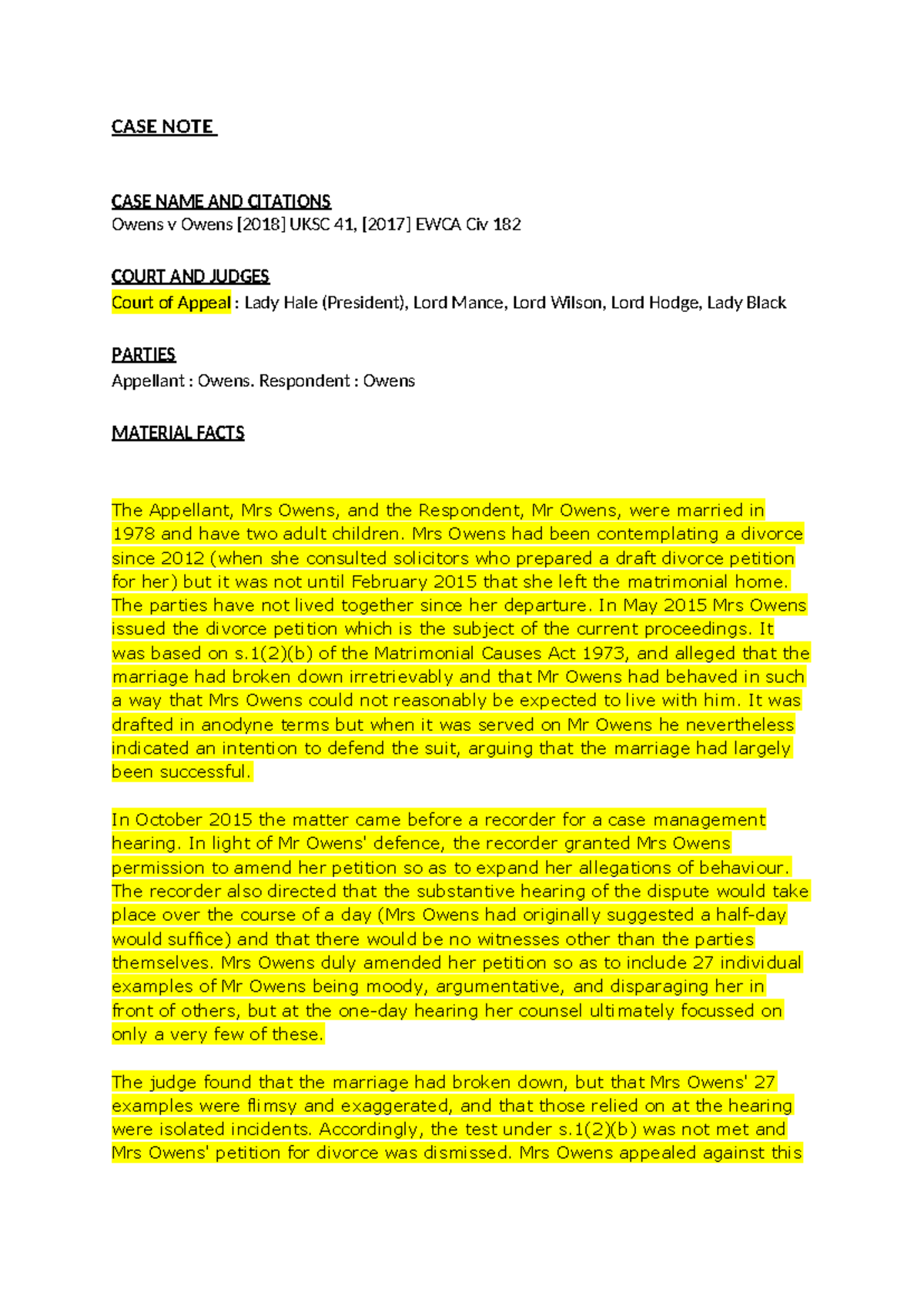 CASE NOTE - Can be referred - CASE NOTE CASE NAME AND CITATIONS Owens v ...