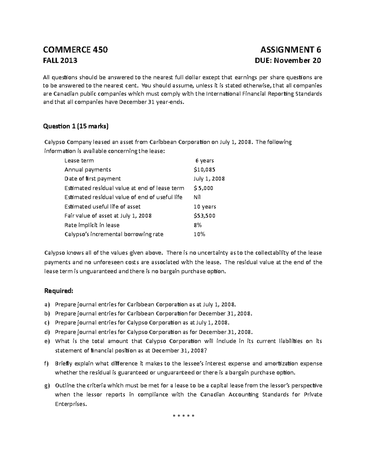 Seminar assignments - assignment 6 - COMMERCE 450 ASSIGNMENT 6 FALL ...