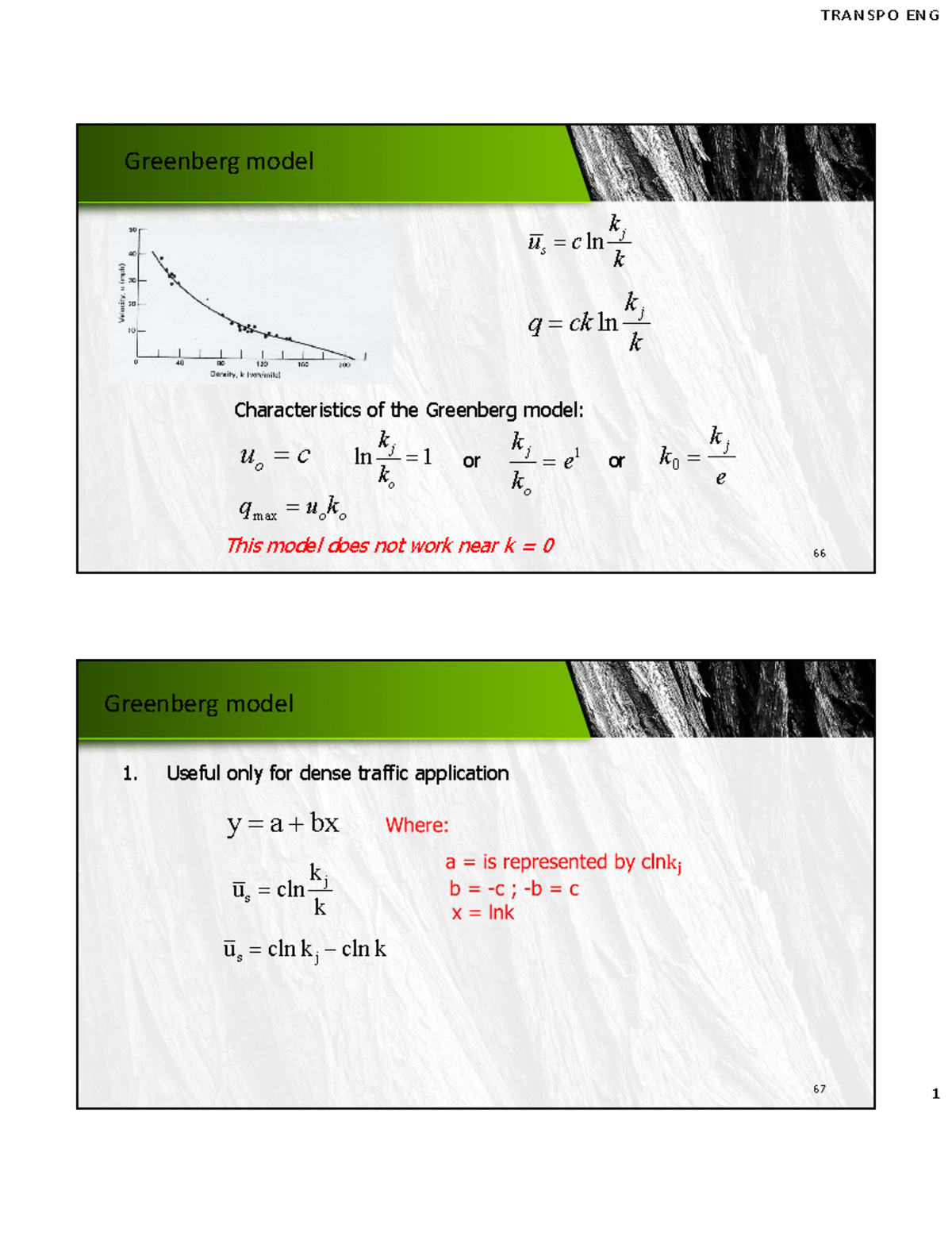 Transpo 06 Fundamentals of Traffic FLow ODL - Greenberg model ####### k ...