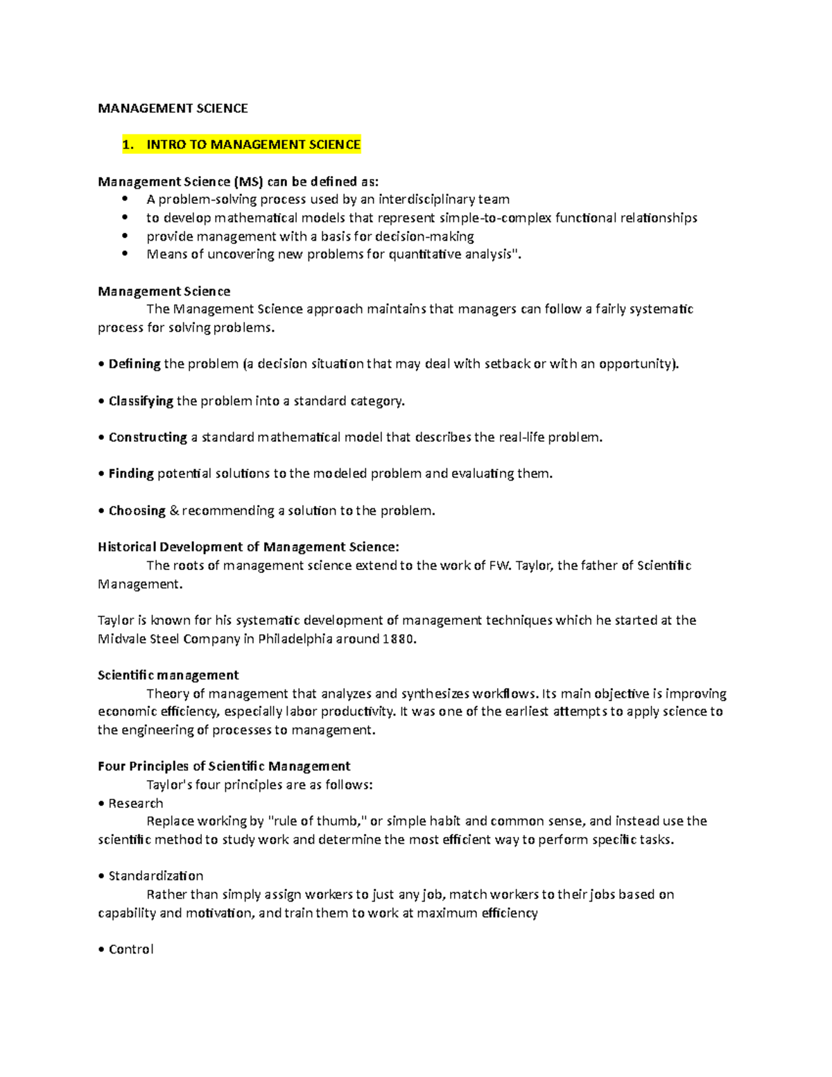 Intro TO Management Science - MANAGEMENT SCIENCE 1. INTRO TO MANAGEMENT ...