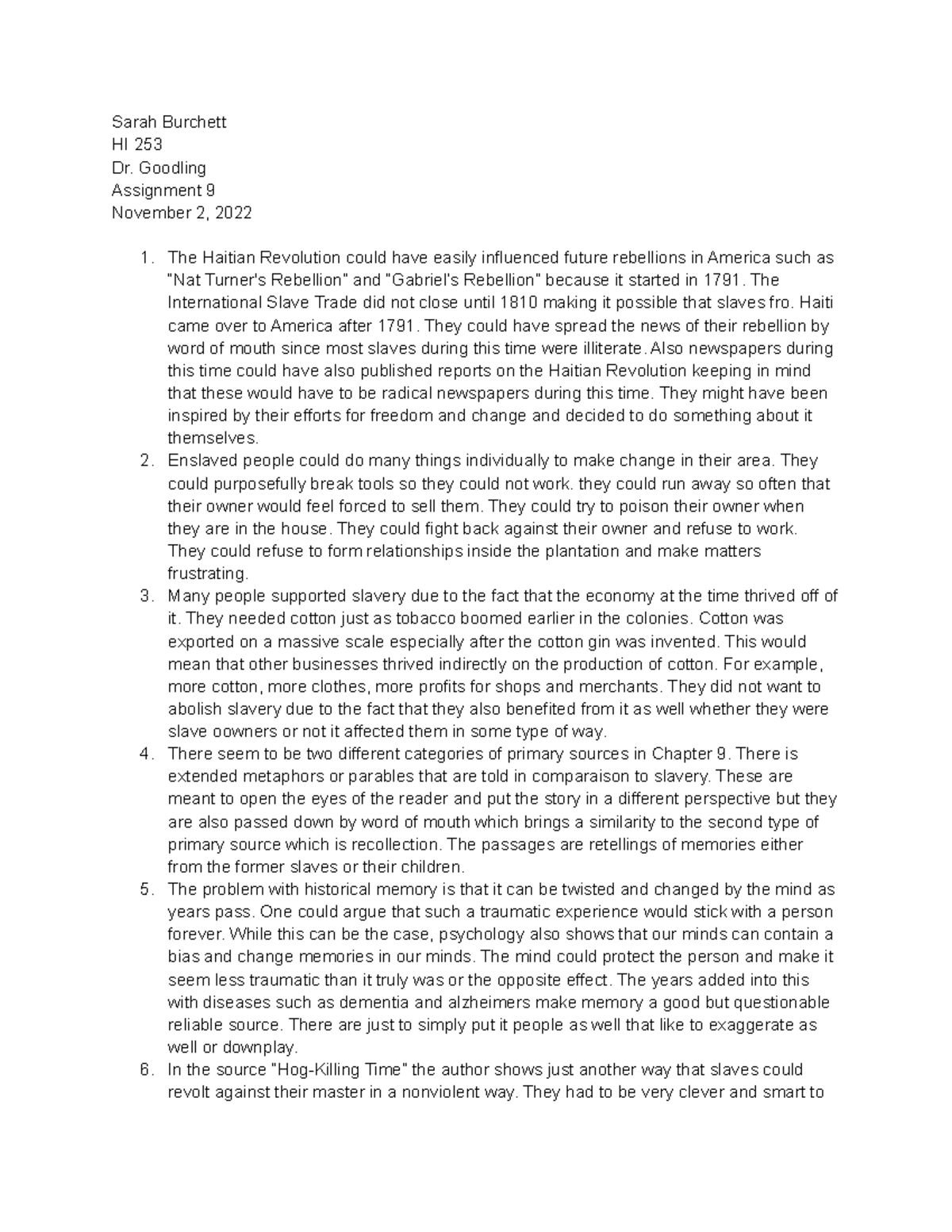 Assignment 9 Week 11 - Chapter 9 Questions, answers - Sarah Burchett HI ...