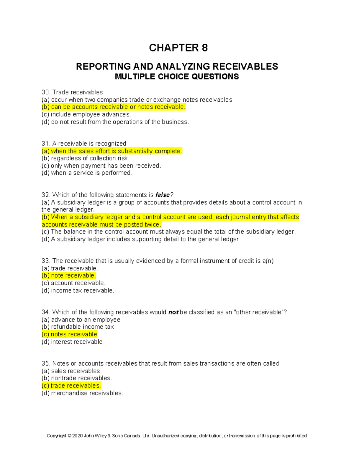 Chpater 8 Questions Highlighted - CHAPTER 8 REPORTING AND ANALYZING RECEIVABLES MULTIPLE CHOICE ...
