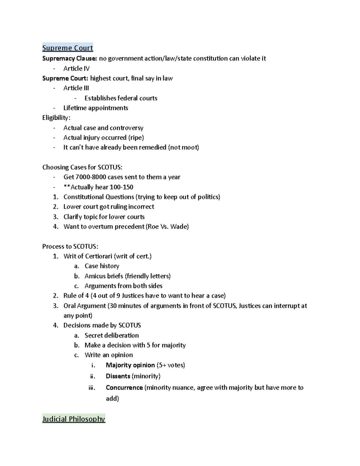 PSC 101 - Exam 2 Lecture Notes Part 2 - Supreme Court Supremacy Clause ...