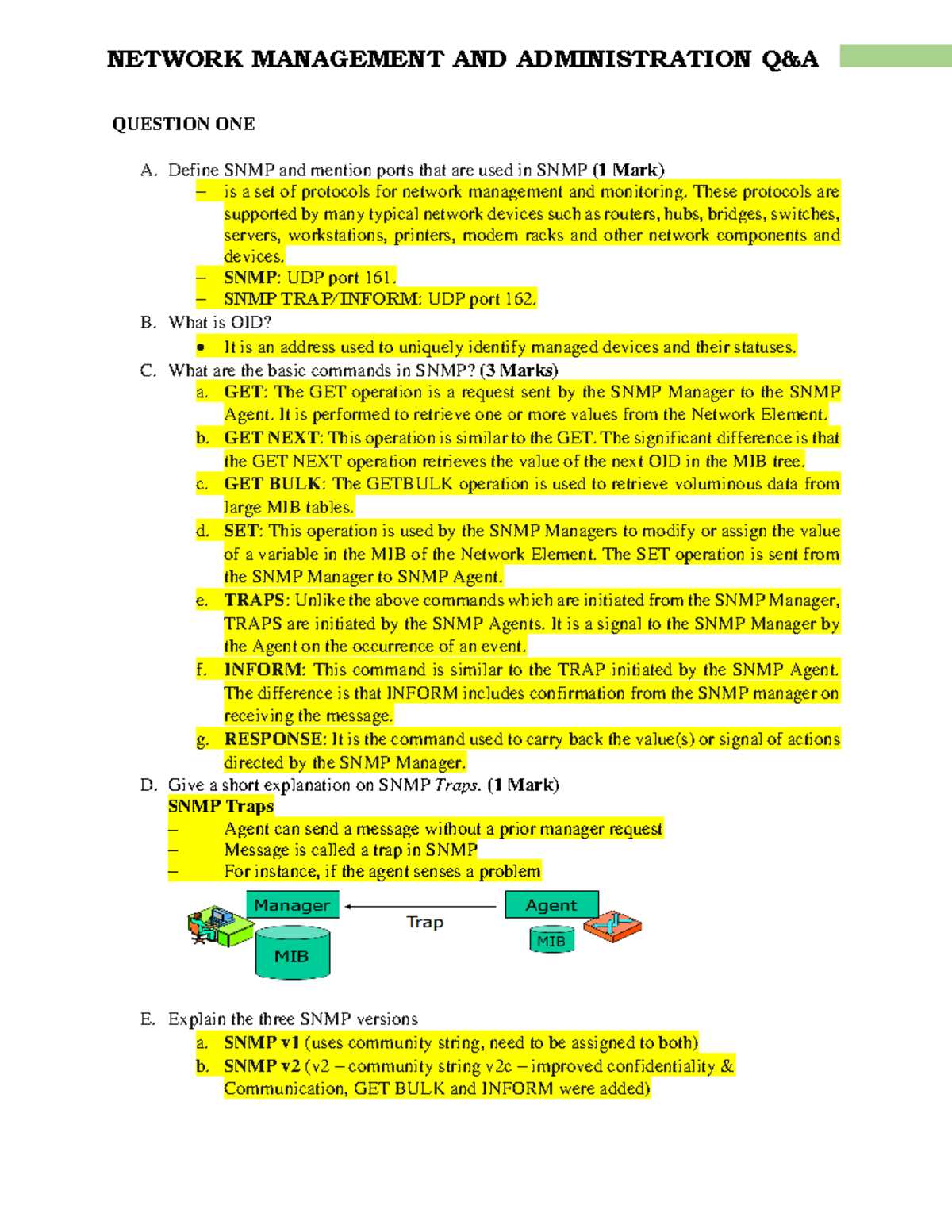 Network Q&A - QUESTION ONE A. Define SNMP and mention ports that are used in SNMP (1 Mark) - is ...