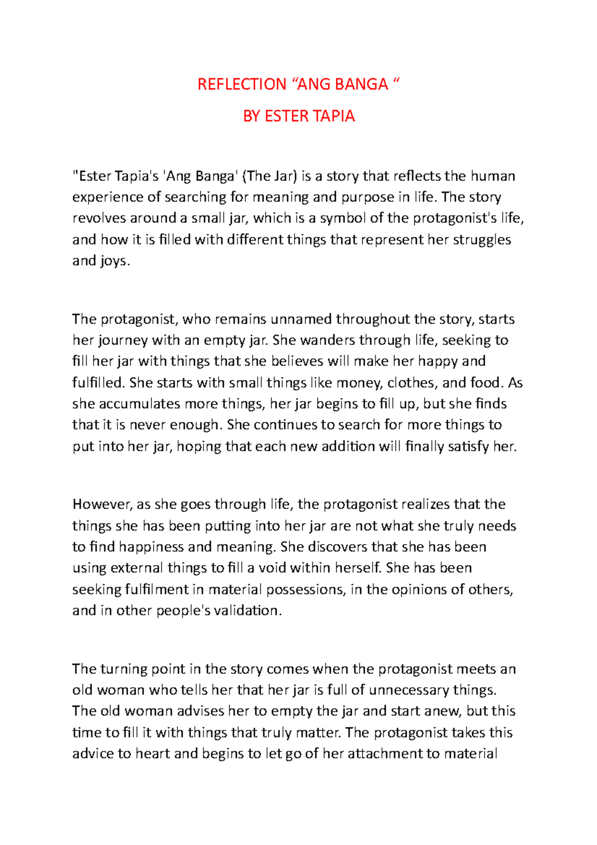 Reflection ANG Banga - ESSAYS - REFLECTION “ANG BANGA “ BY ESTER TAPIA ...