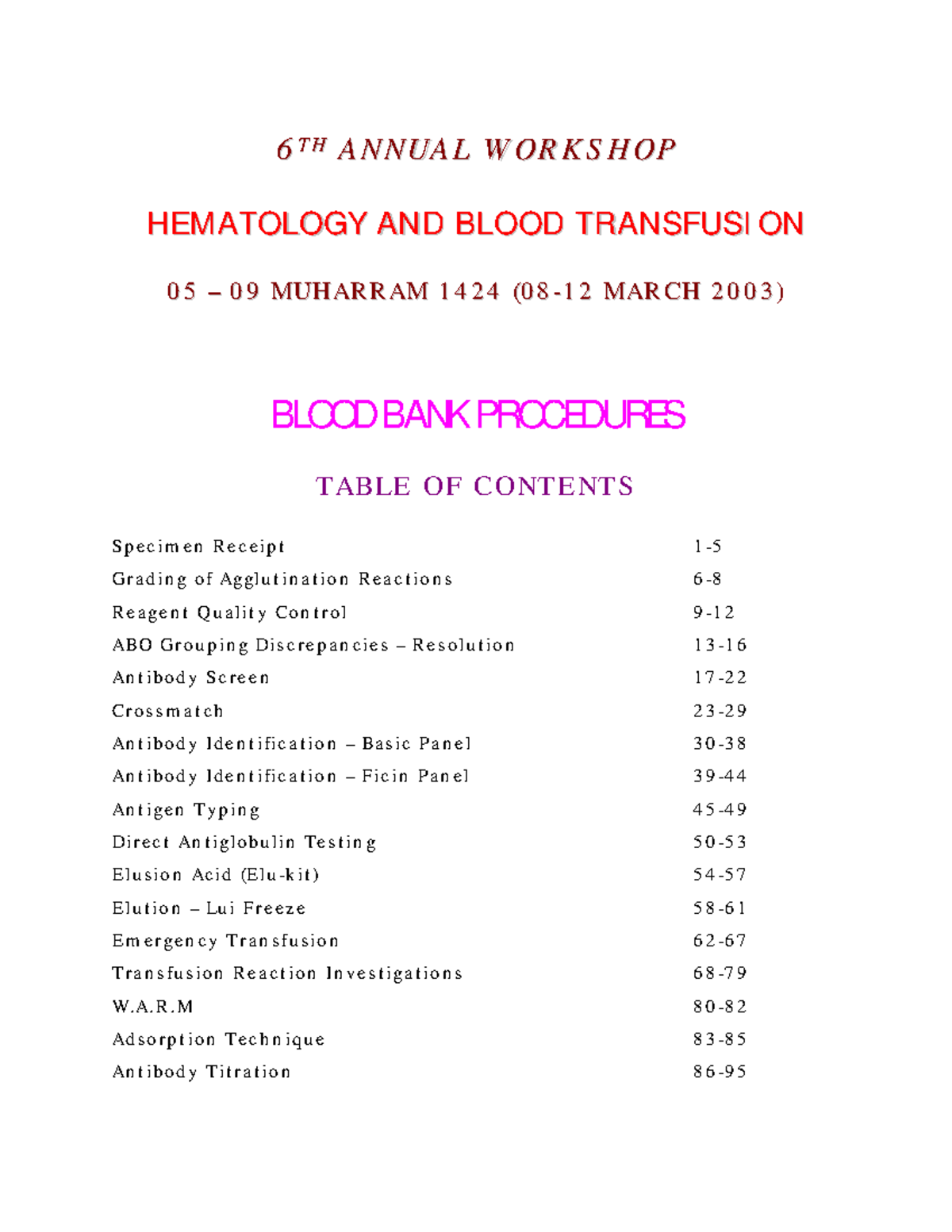 5302420 Blood Bank Procedures - 66 T T HH AANNNNUUAALL WWOORRKKSSHHOOPP ...