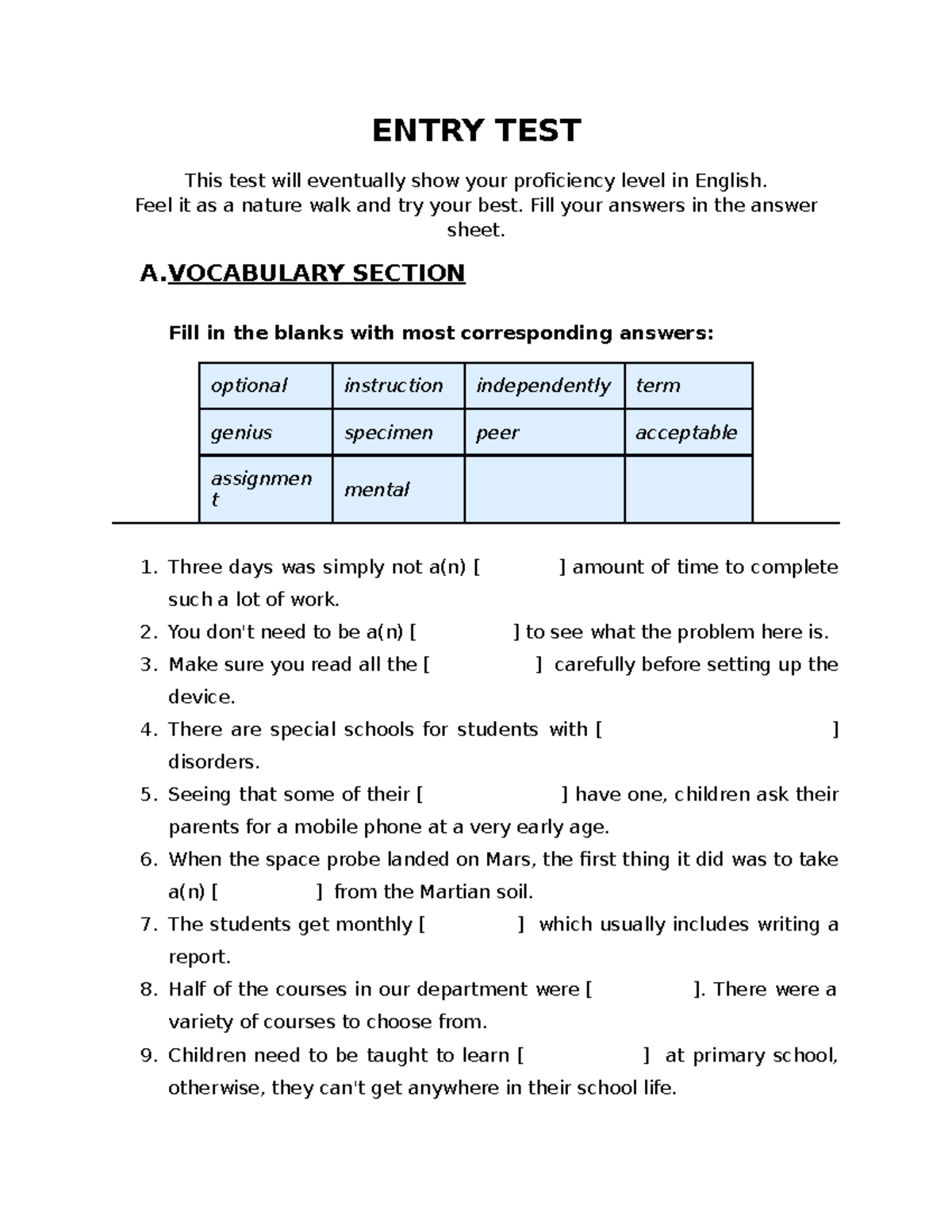 Entry TEST - Download and enjoy! - ENTRY TEST This test will eventually ...