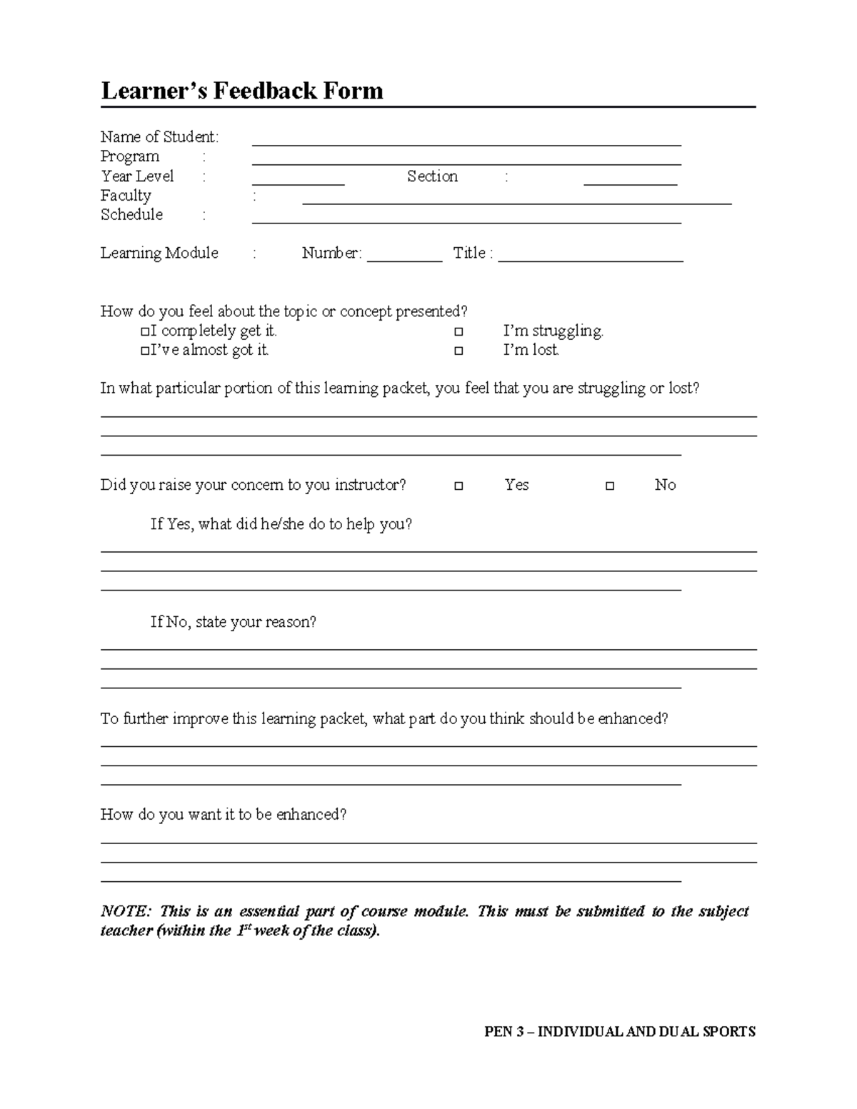 Learners's feedback.PEN 3 - Learner’s Feedback Form Name of Student ...