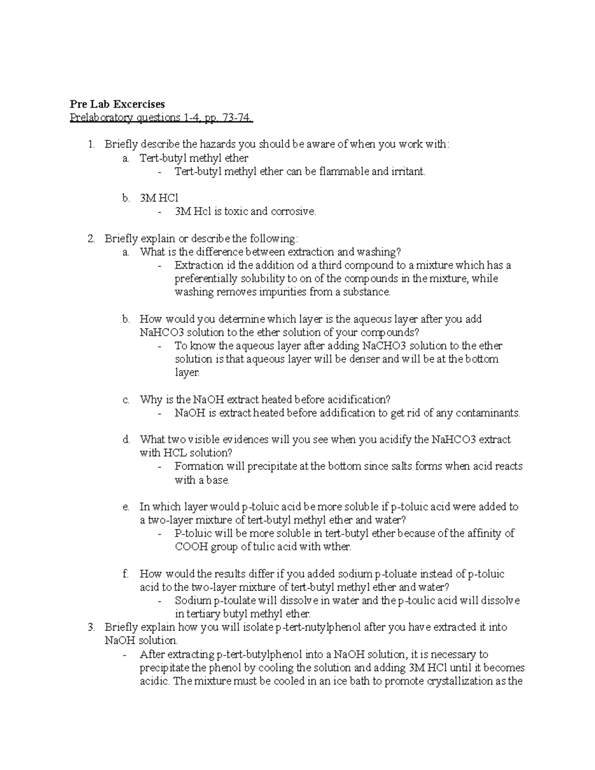 Lab 5 Orgo - lab 5 - Pre Lab Excercises Prelaboratory questions 1-4, pp. 73-74. 1. Briefly ...