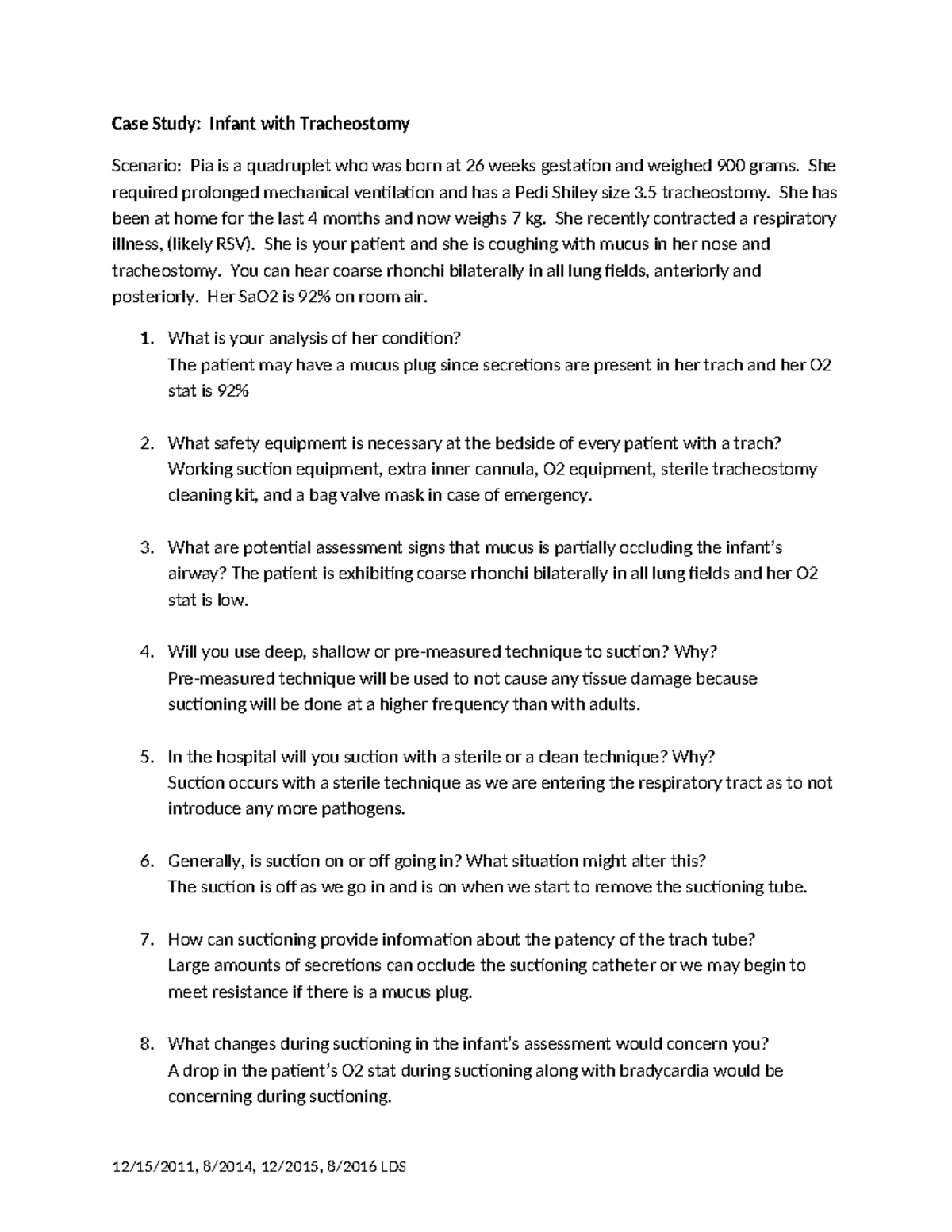 Case study infant with trach student - Case Study: Infant with ...