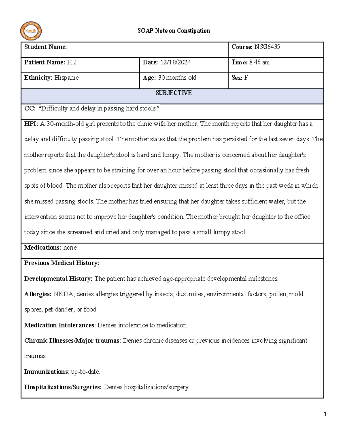 Pediatric Soapnote on Constipation - SOAP Note on Constipation Student ...