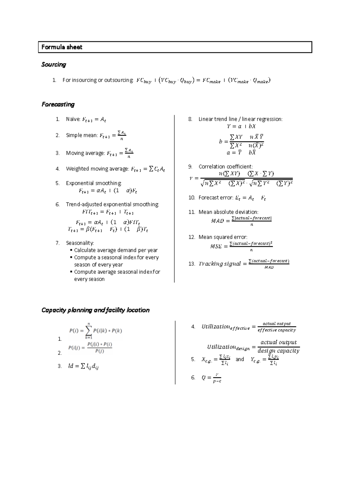 Formula Sheet SCM - Formula sheet Sourcing For insourcing or ...