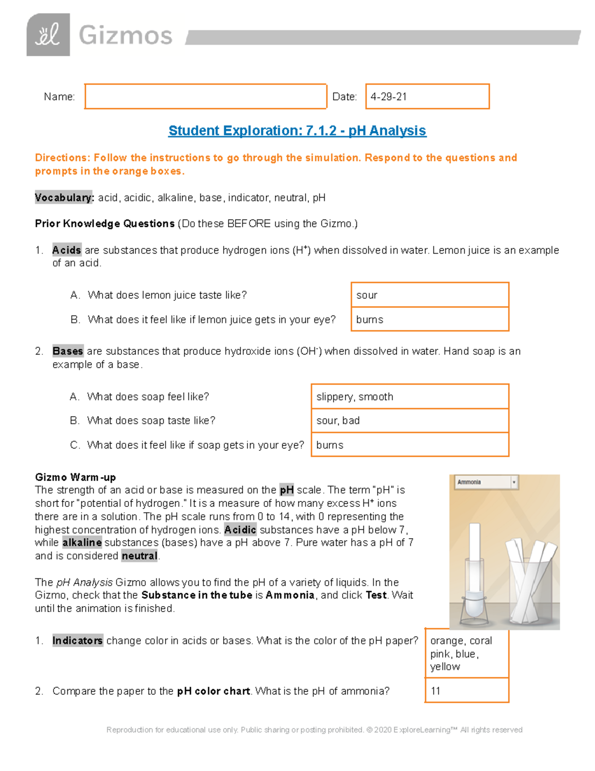Copy Of 7 1 2 P H Analysis Name Date 4 29 Student Exploration 7