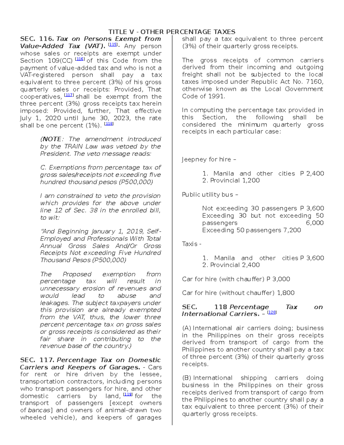 Other Percentage Tax Notes - SEC. 116. Tax on Persons Exempt from Value ...