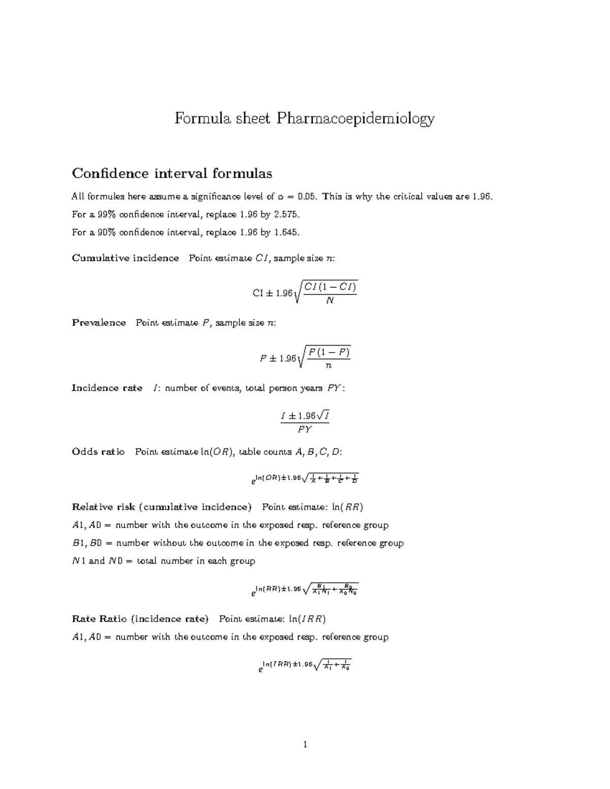 Formula sheet updated - Formules - Formula sheet Pharmacoepidemiology ...