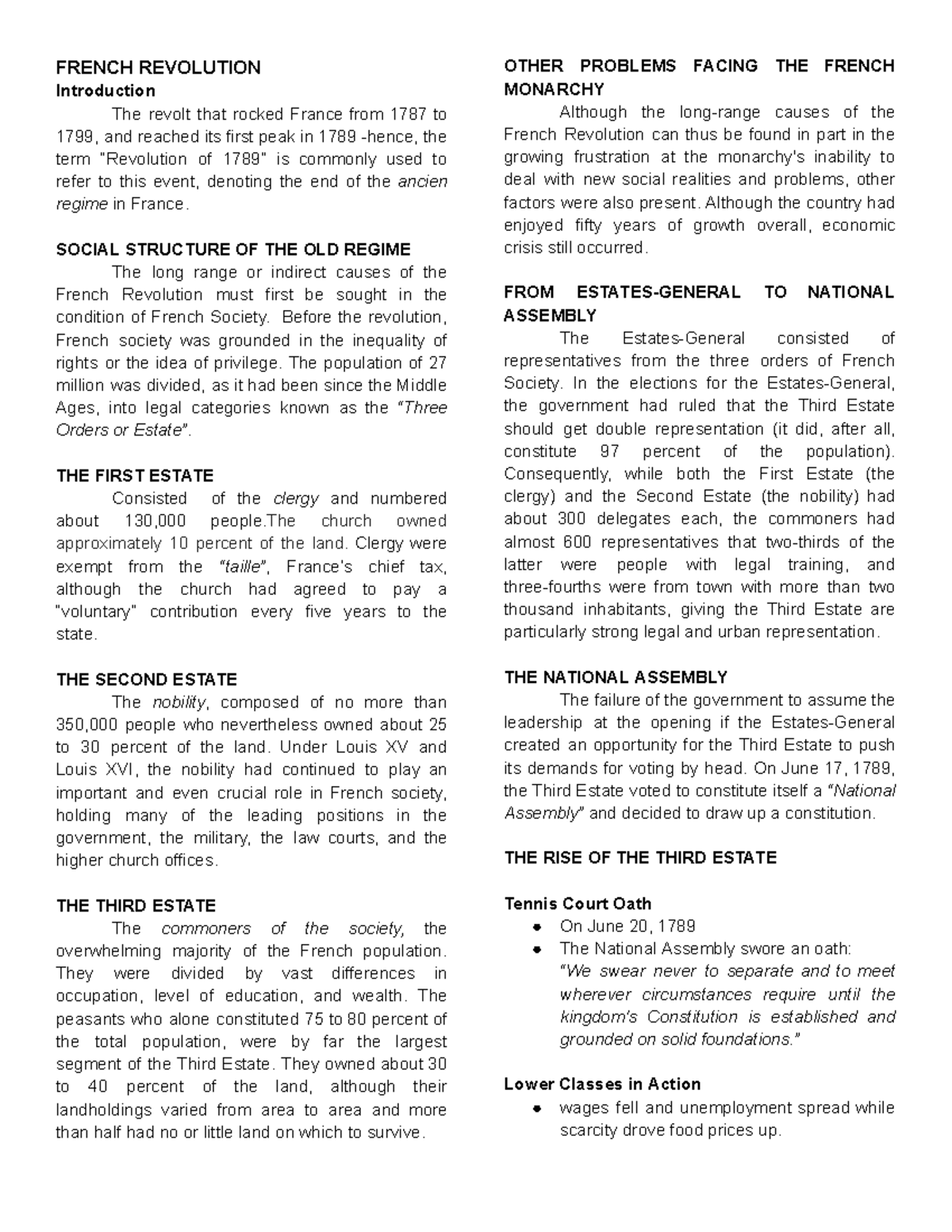 French Revolution- Handouts - FRENCH REVOLUTION Introduction The revolt ...