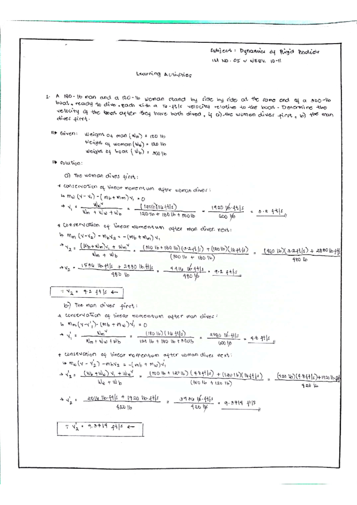 Dynamics LA#5 - Problem solving - Mechanical Engineering - NVSU - Studocu