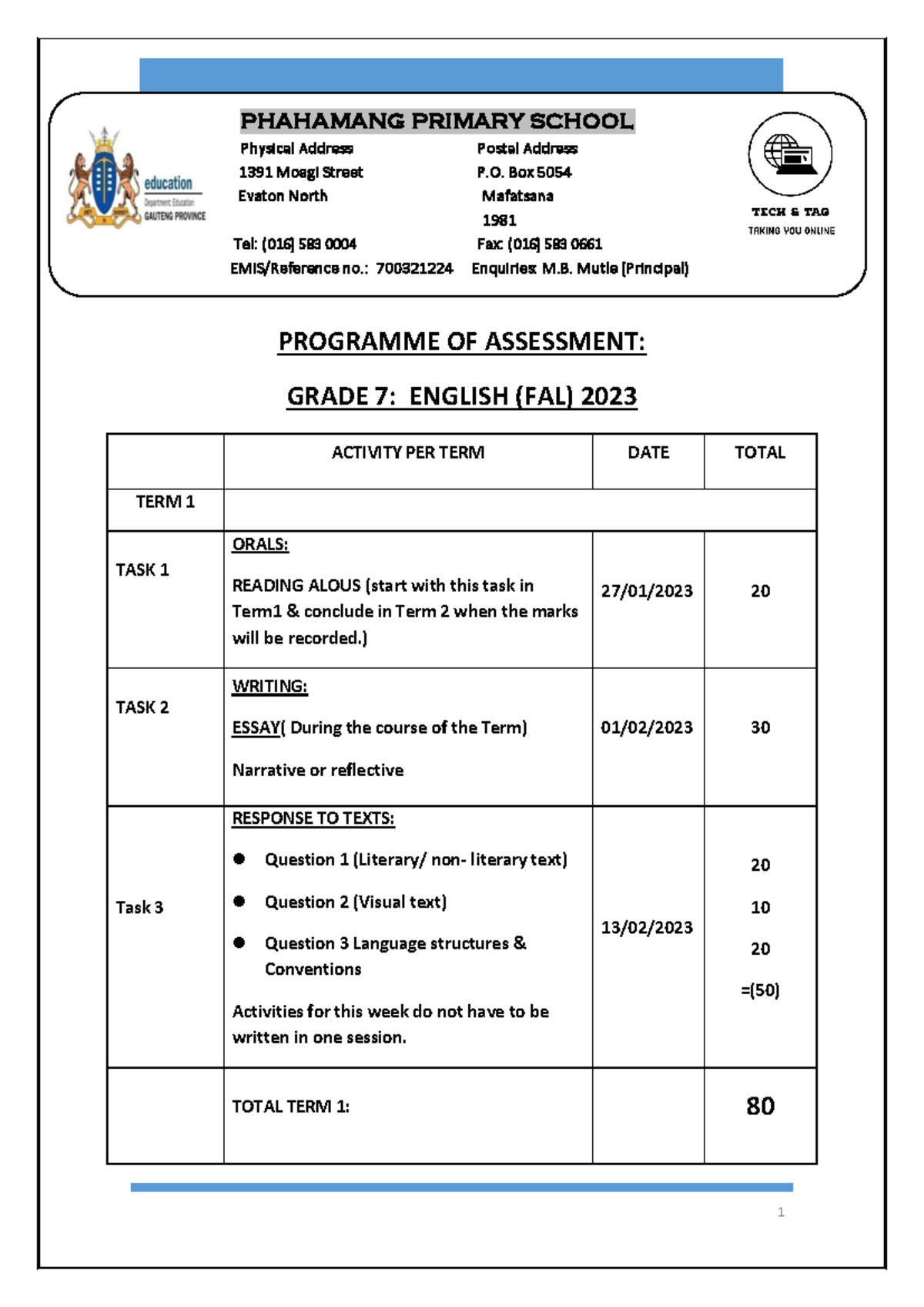 Programme Of Ass-Gr7ENG2023 - PROGRAMME OF ASSESSMENT: GRADE 7: ENGLISH ...