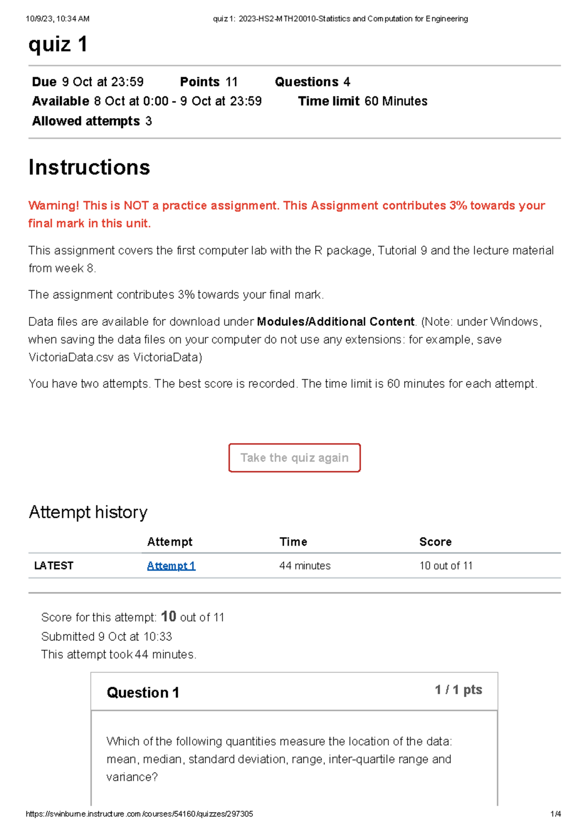Quiz 1 2023-HS2-MTH2001 0-Statistics and Computation for Engineering - quiz 1 Due 9 Oct at 23:59 ...