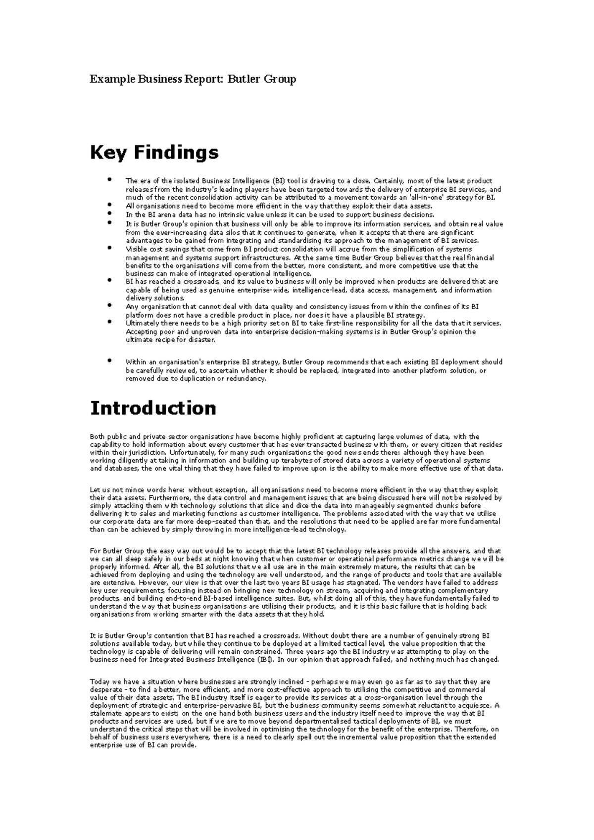 Business report template 30 - Example Business Report: Butler Group Key ...