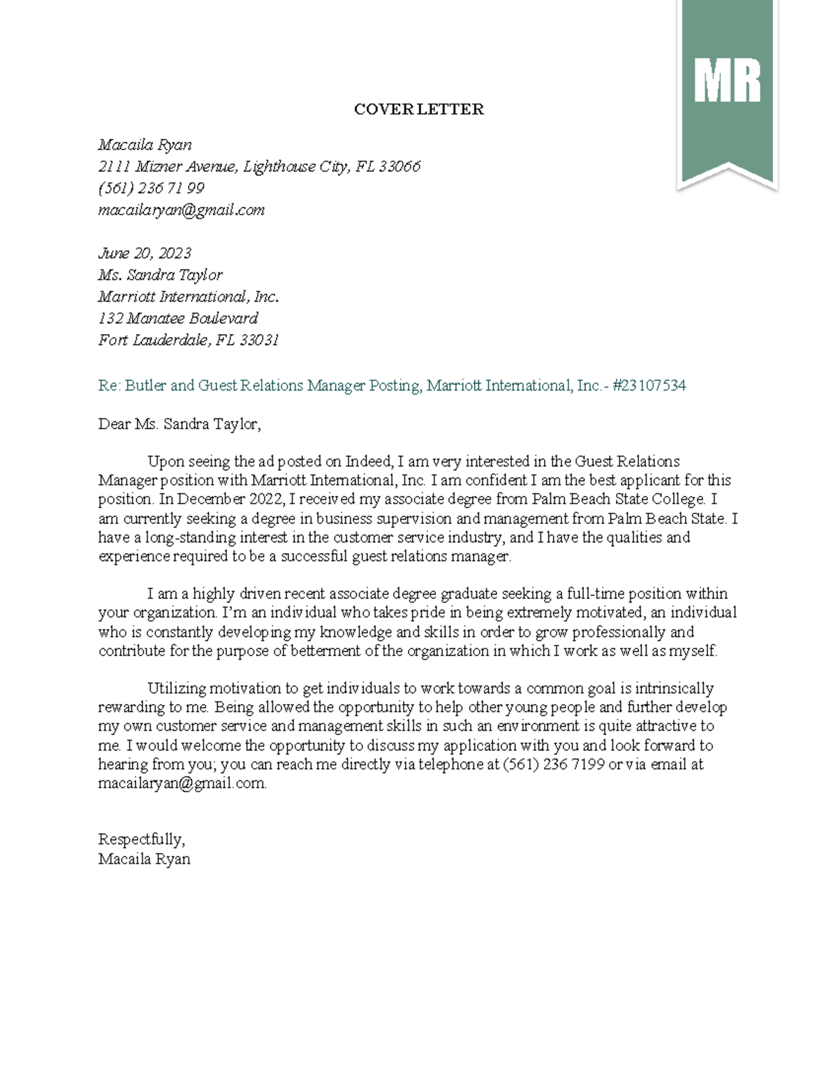 "I-7" MAN3301-2 Cover Letter & Resume - COVER LETTER Macaila Ryan 2111 ...