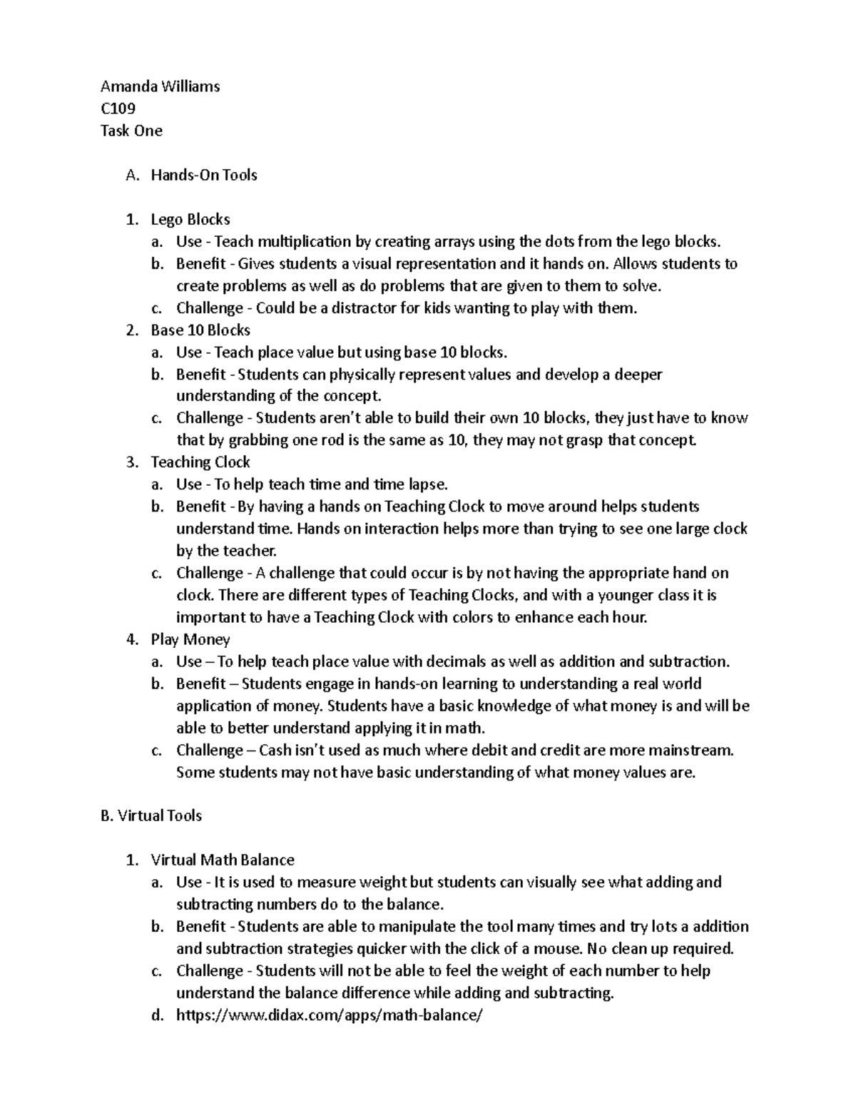 C109 Task - Passed - Amanda Williams C Task One A. Hands-On Tools 1 ...