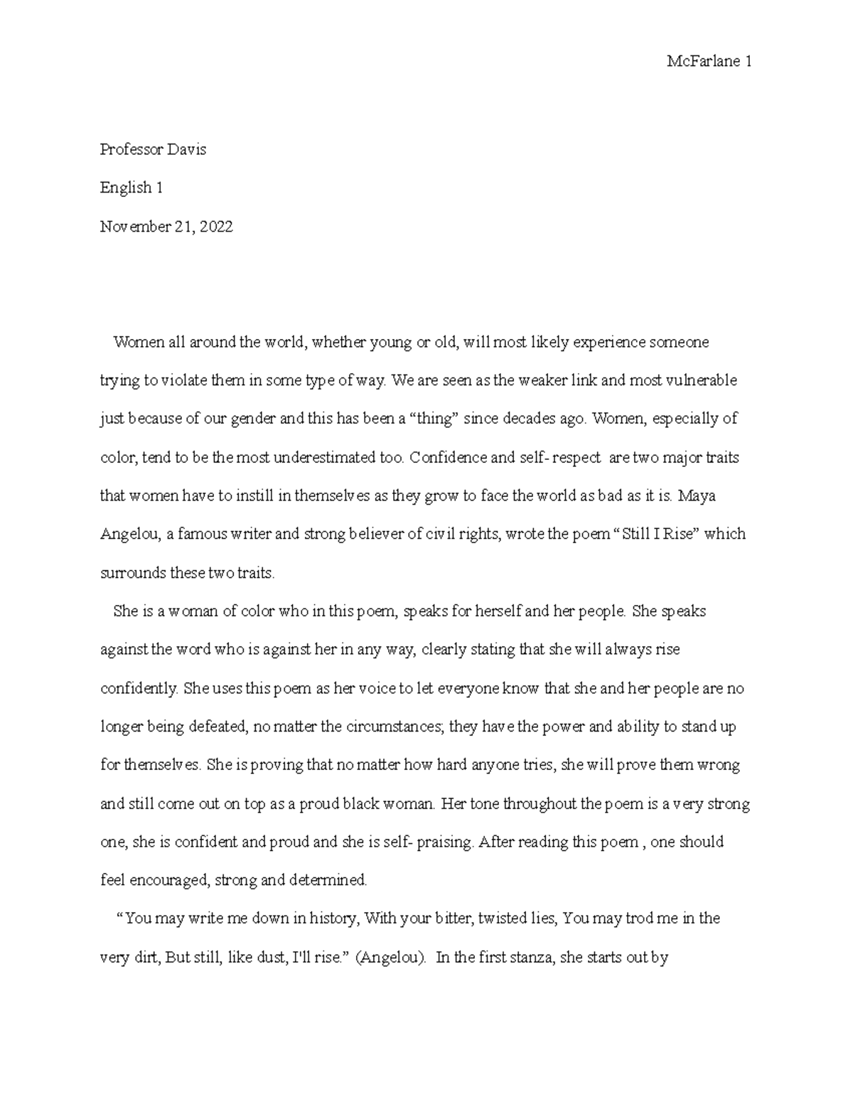 English Literary Paper - Professor Davis English 1 November 21, 2022 ...