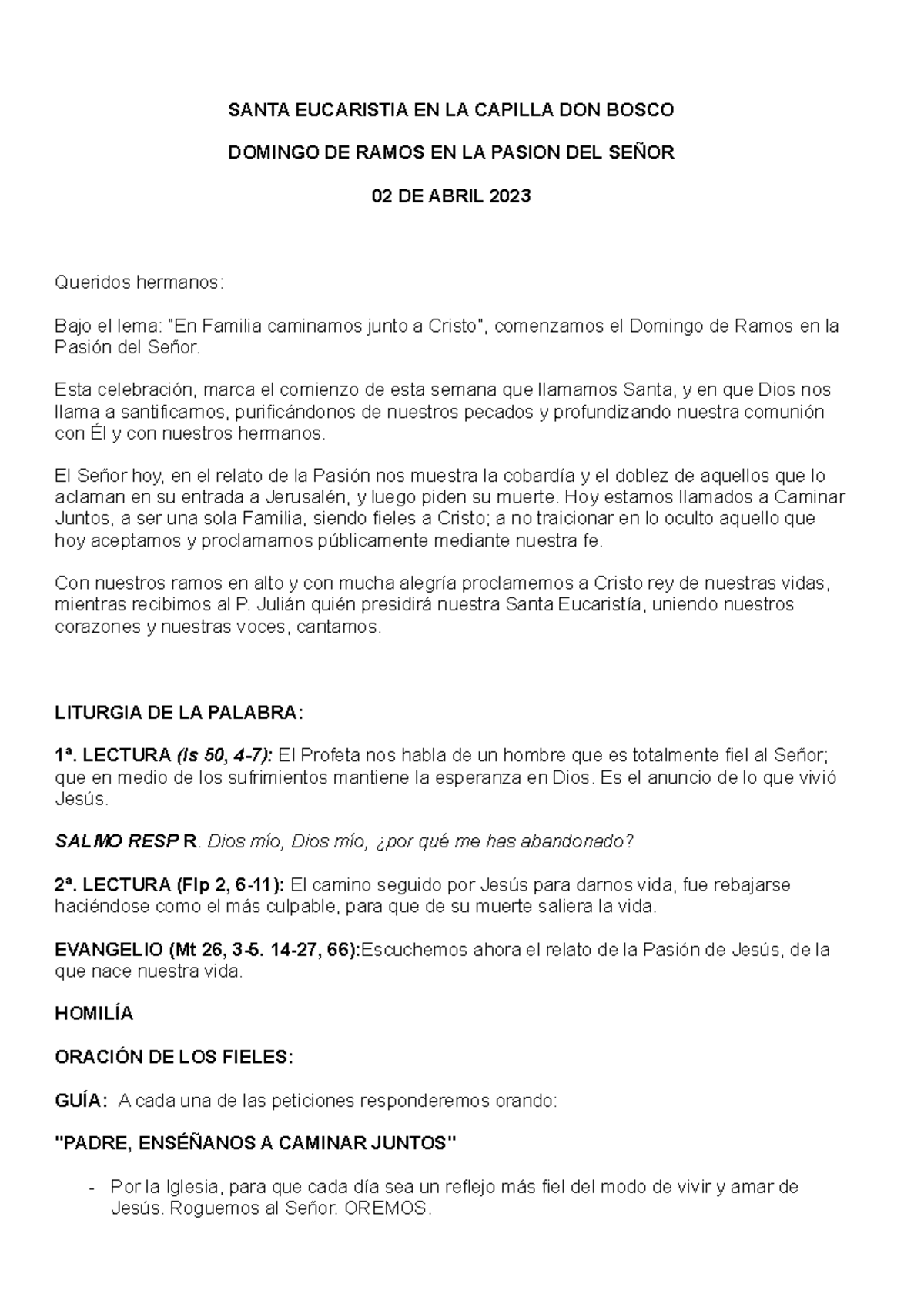 Guion misa ramos 2023 - SANTA EUCARISTIA EN LA CAPILLA DON BOSCO ...