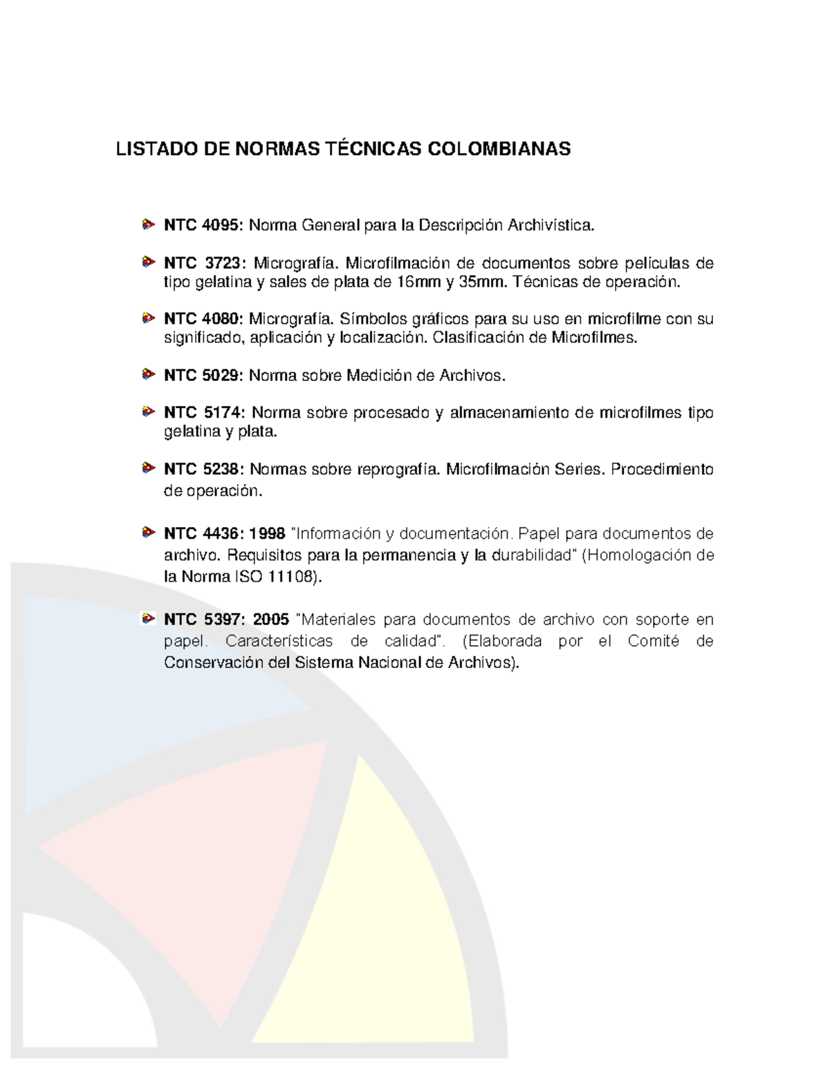 Normas tecnicas - LISTADO DE NORMAS TÉCNICAS COLOMBIANAS NTC 4095 ...
