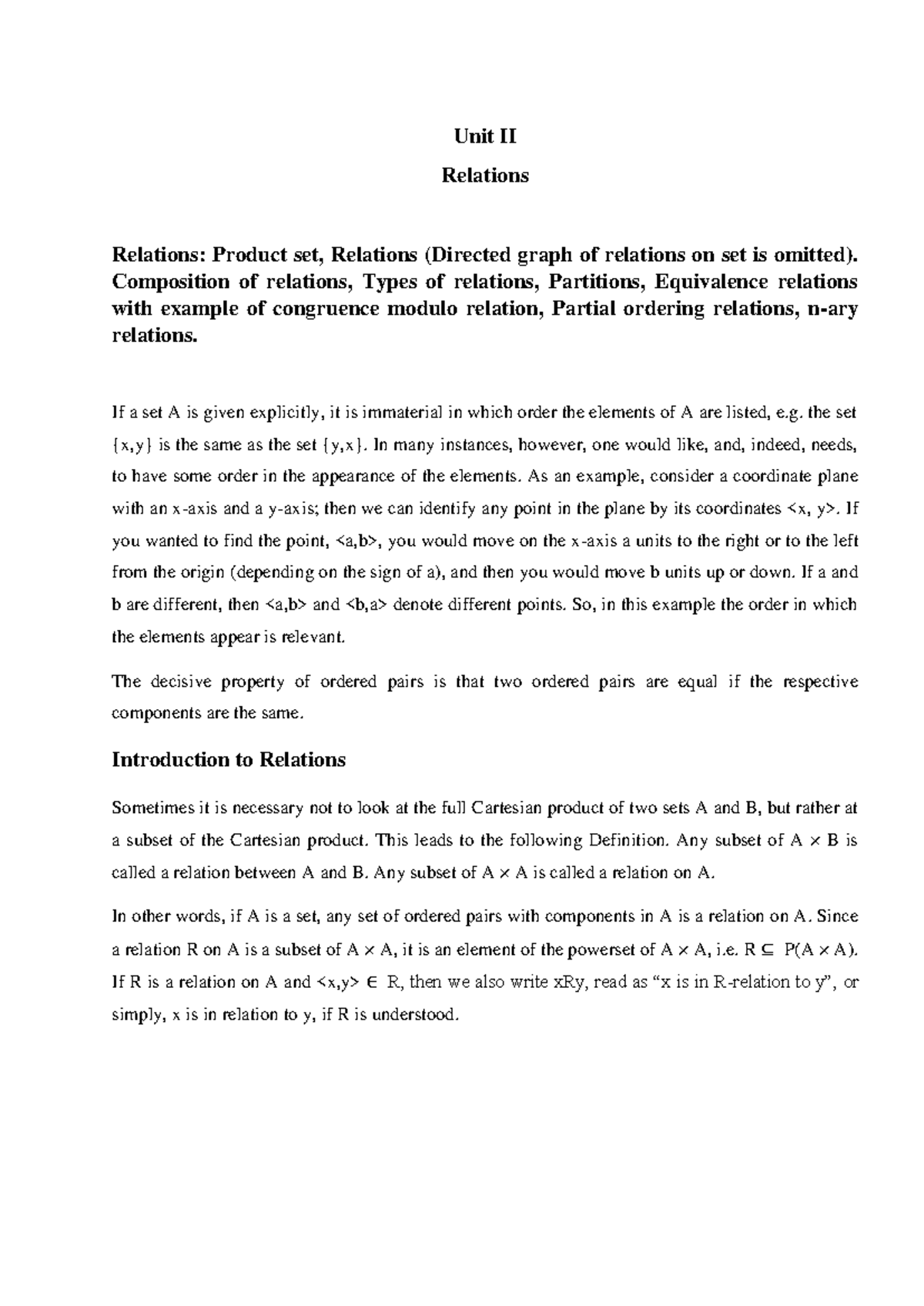 Relations Notes - Unit II Relations Relations: Product set, Relations ...