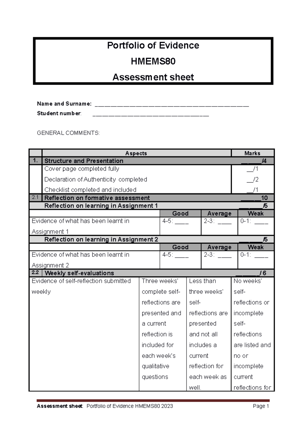 Hmems 80 2023 Semester 1 Portfolio OF Evidence Assessor Sheet ...