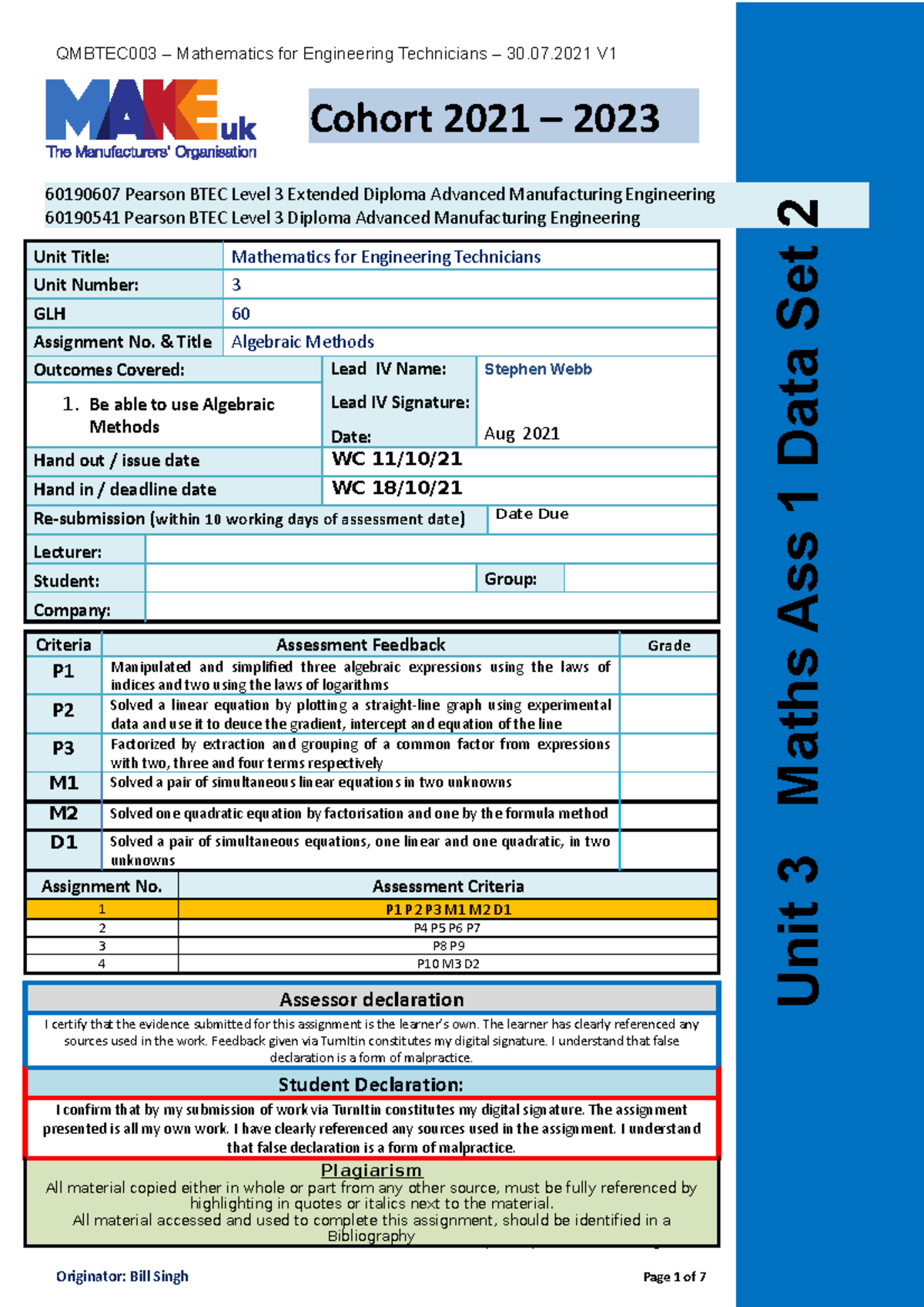 Mf T AME Unit 3 Assignment 1 Data Set 2 2021-22 - QMBTEC003 ...