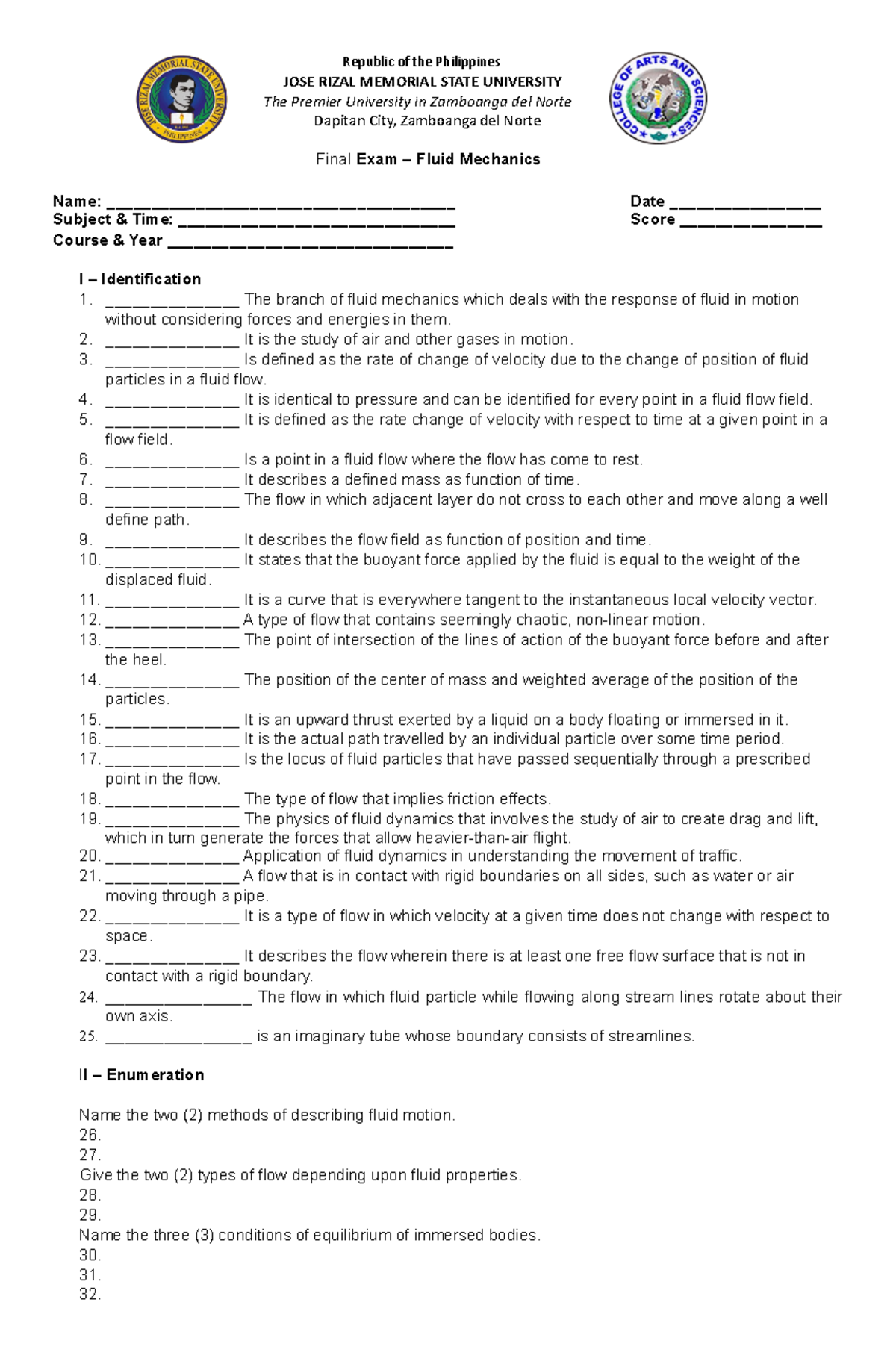Final Exam for Fluid Mechanics - Republic of the Philippines JOSE RIZAL ...