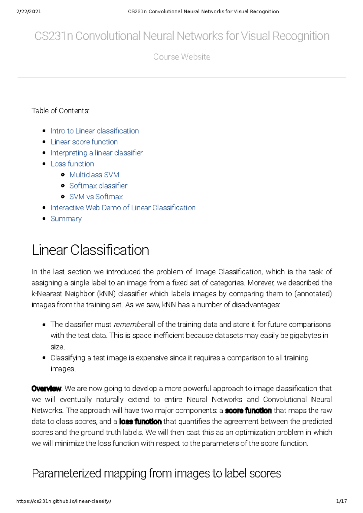 CS231n Classification - Table of Contents: Intro to Linear classi¦cation Linear score function ...