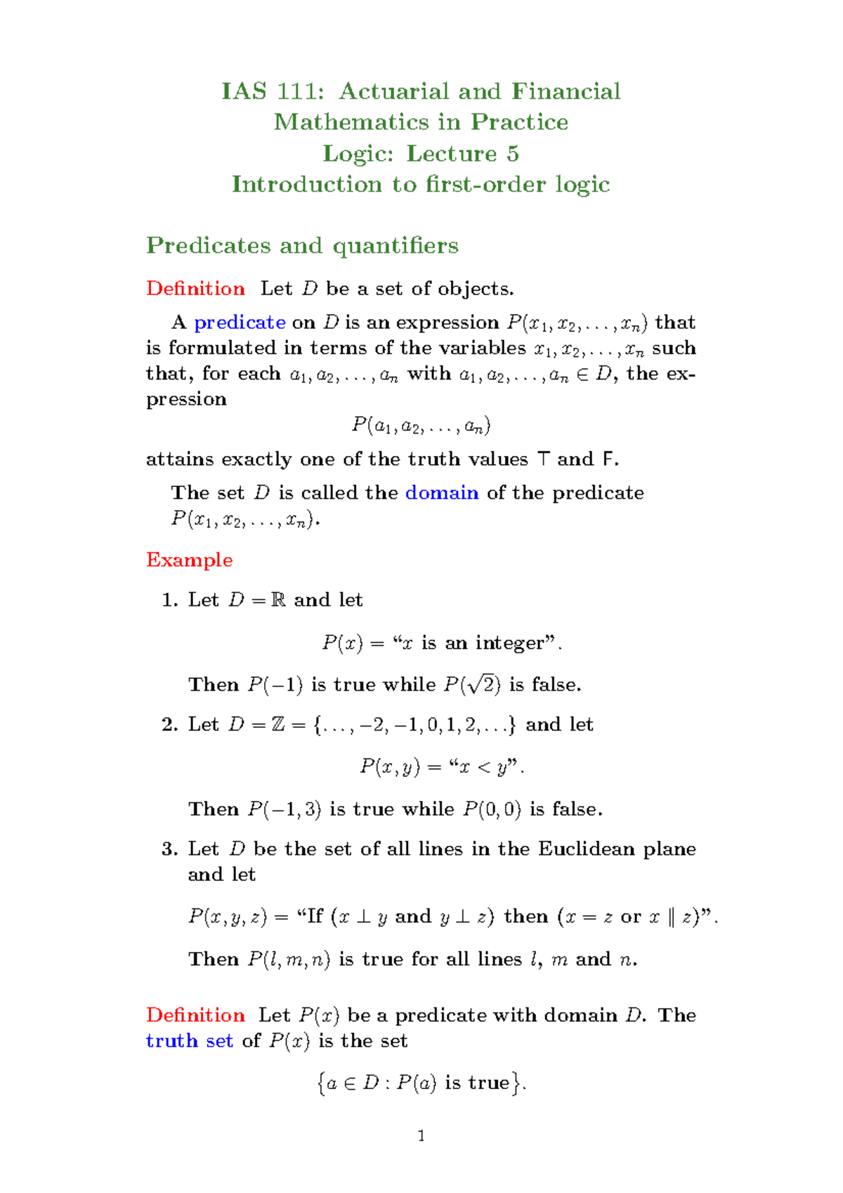 Actuarial Mathematics Logic Lecture 5 - IAS 111: Actuarial and ...